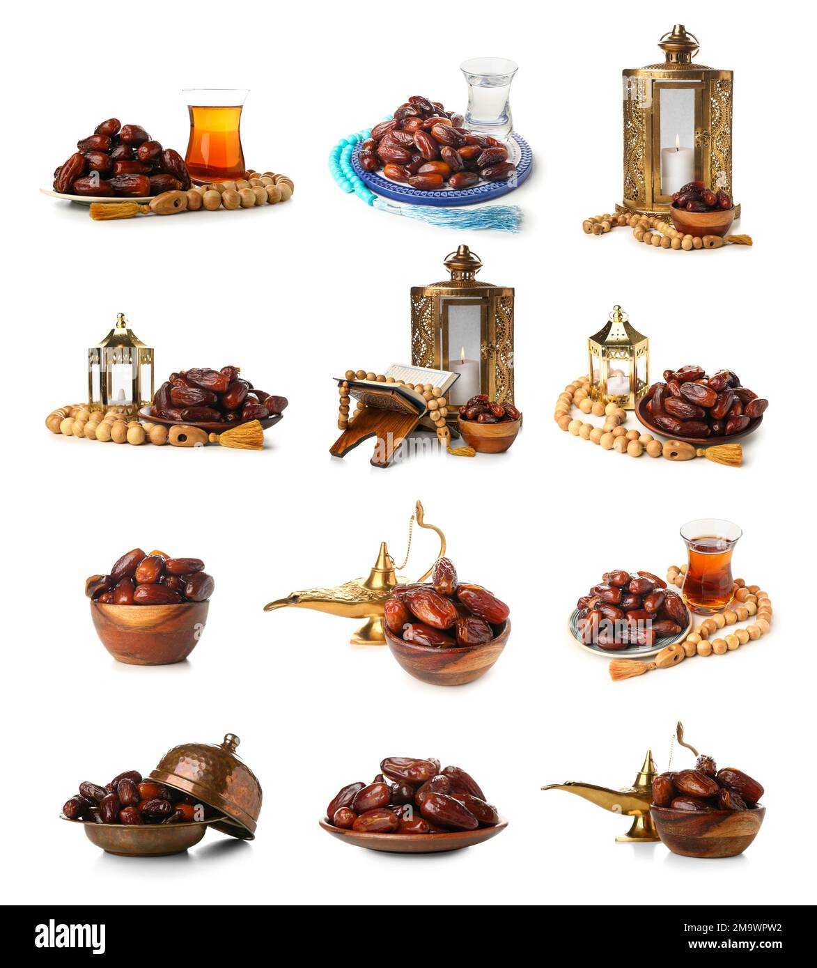 Collage of tasty dates with Muslim lamps, Quran, tea and tasbihs on ...