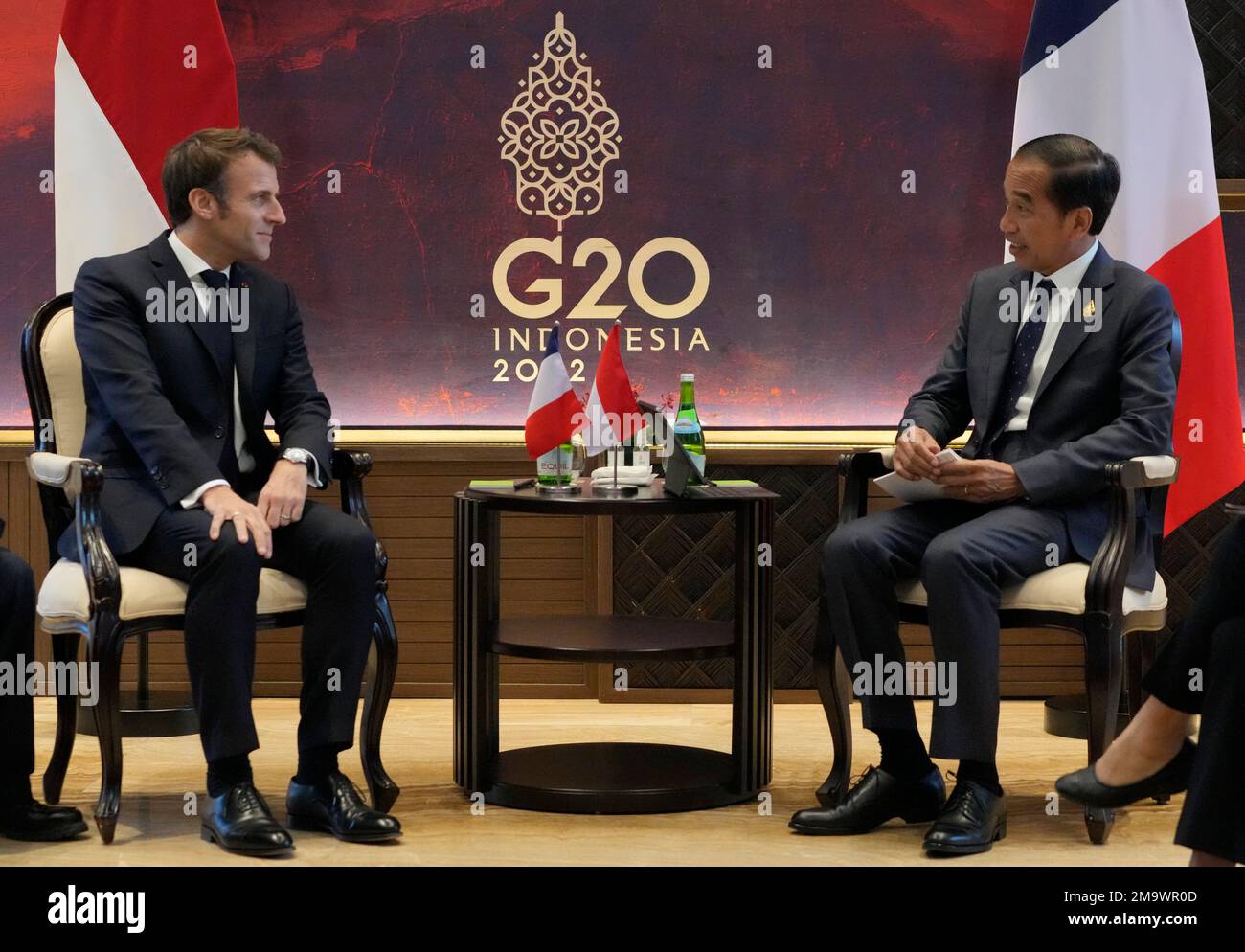 French President Emmanuel Macron, left, and Indonesia President Joko ...