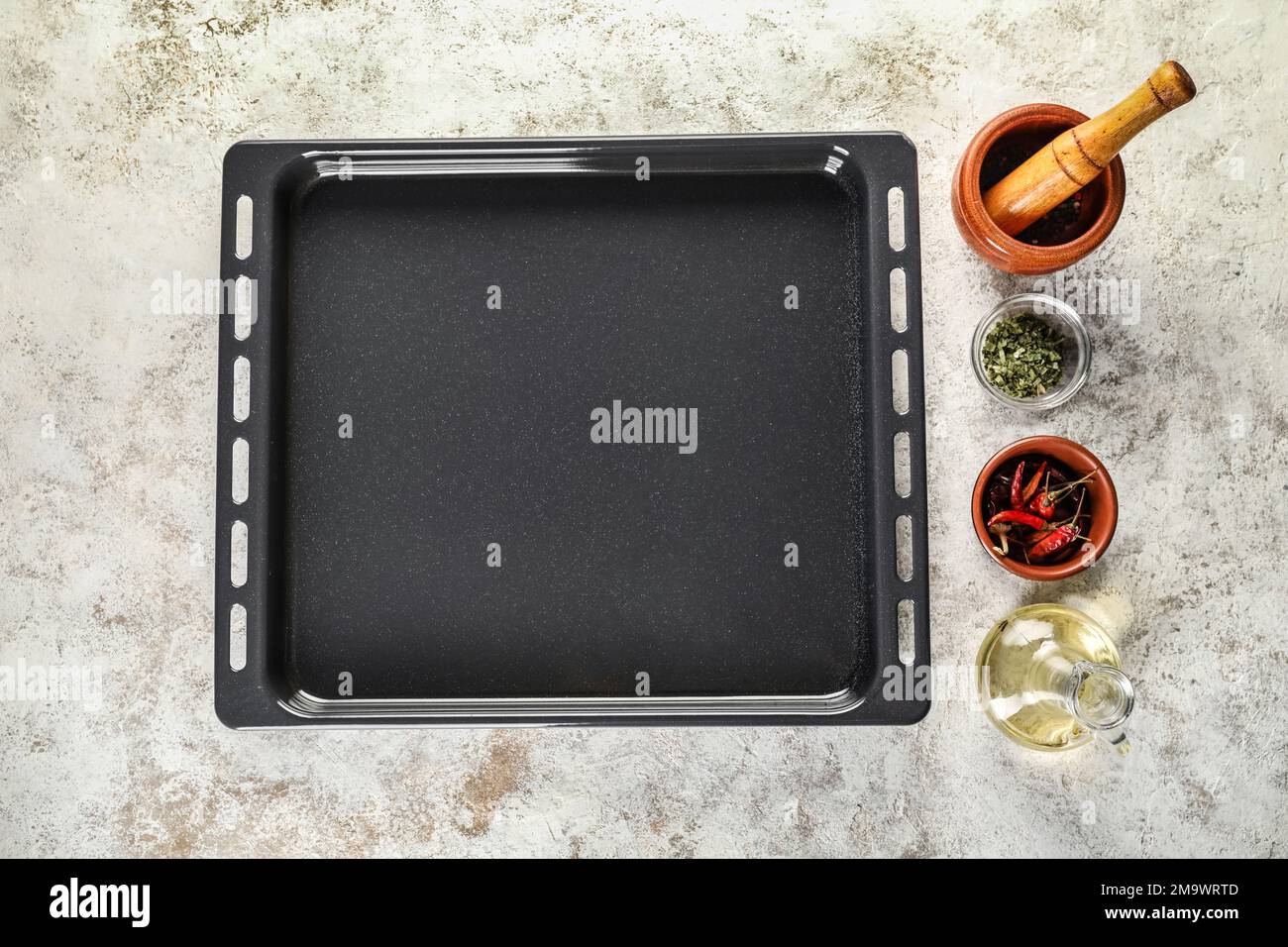 Baking tray with ingredients and utensils on grunge background Stock ...