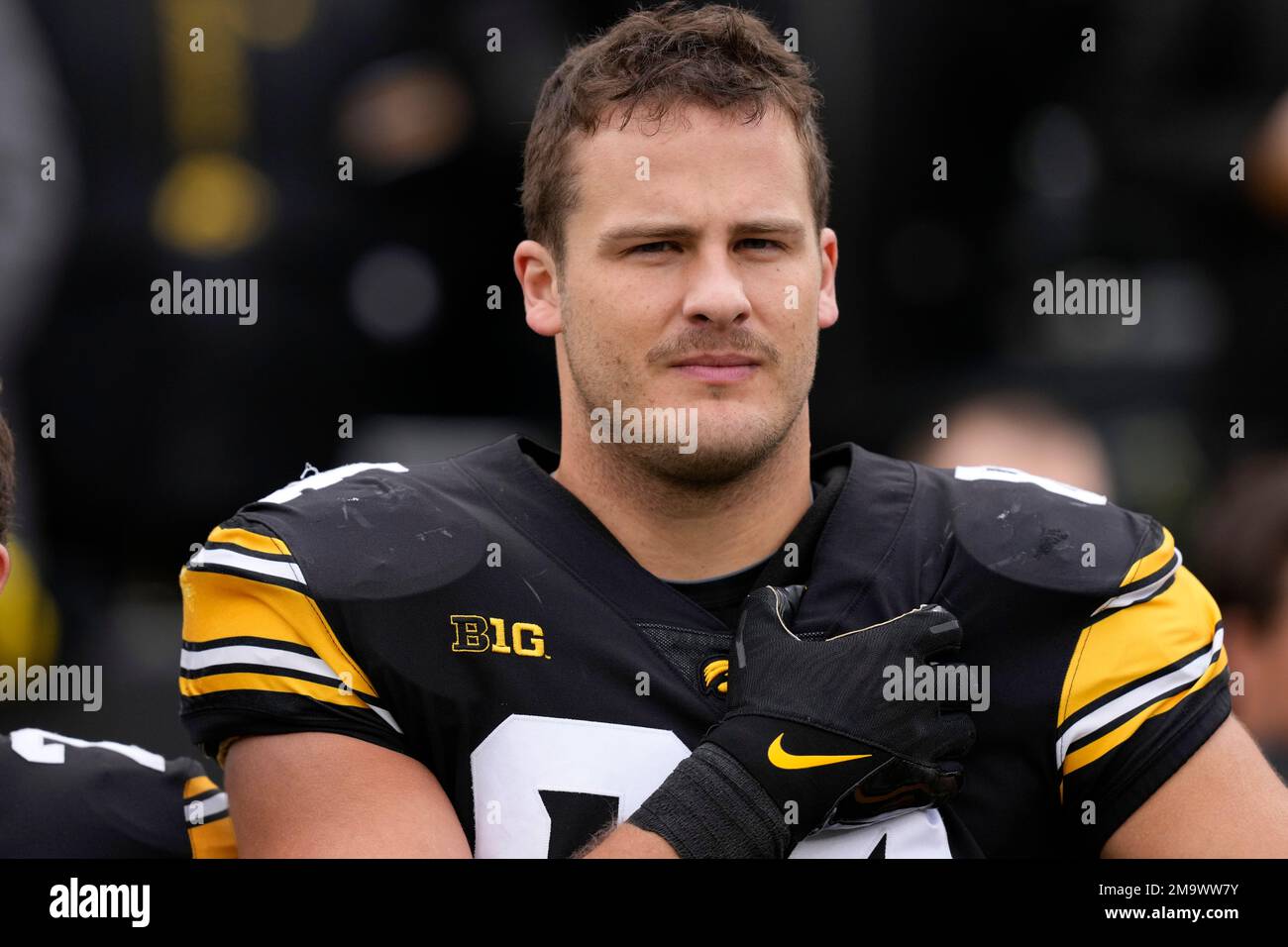 Iowa tight end Sam LaPorta stands on the field before an NCAA college ...