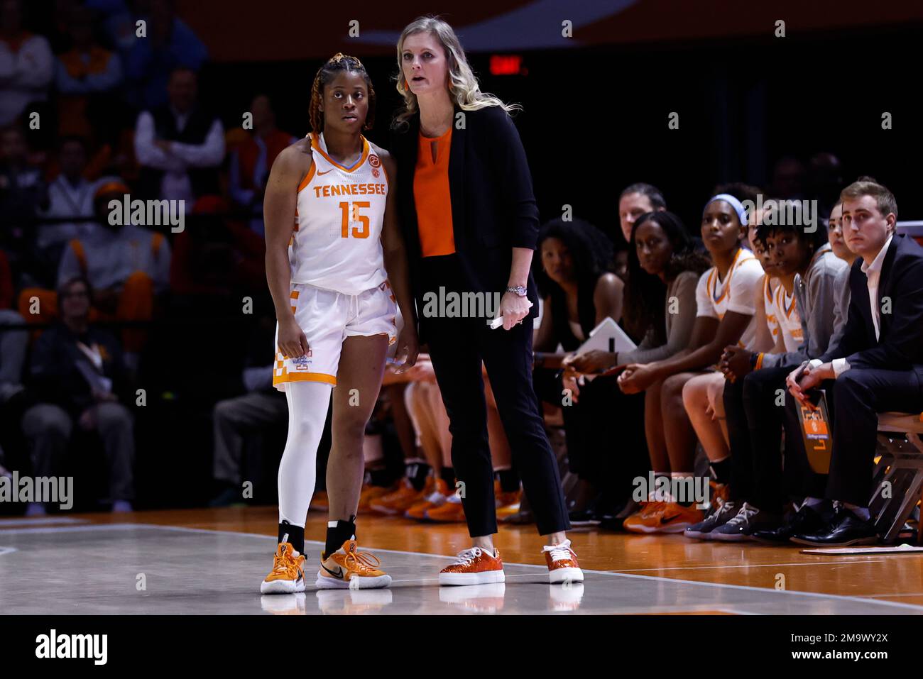 Tennessee head coach Kellie Harper, center right, talks with guard ...