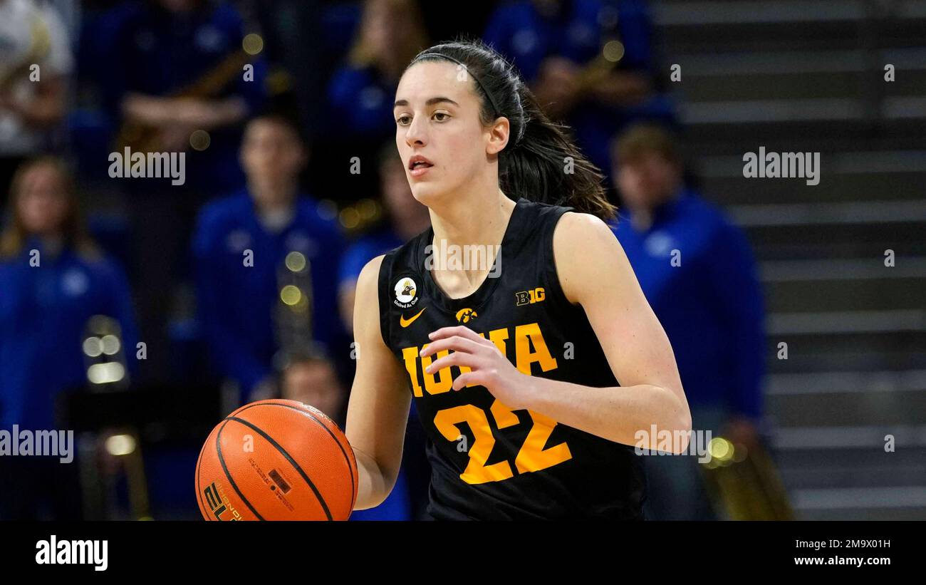 Iowa guard Caitlin Clark drives up court during an NCAA college ...