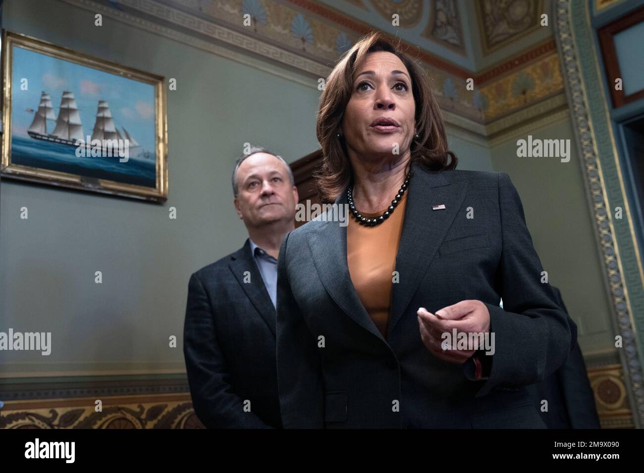 Vice President Kamala Harris, next to her husband Doug Emhoff, answers ...