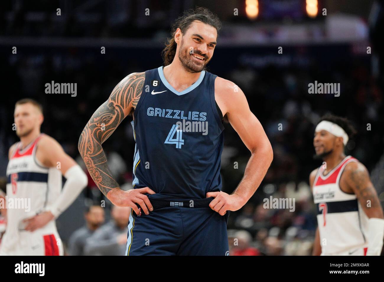 Memphis Grizzlies center Steven Adams (4) smiles during the second half ...