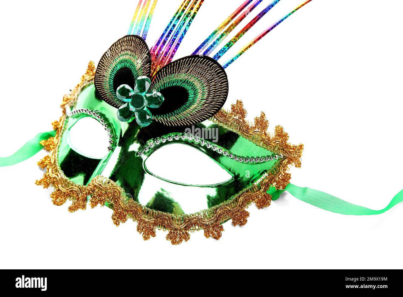 Green carnival mask for Mardi Gras celebration on white background ...