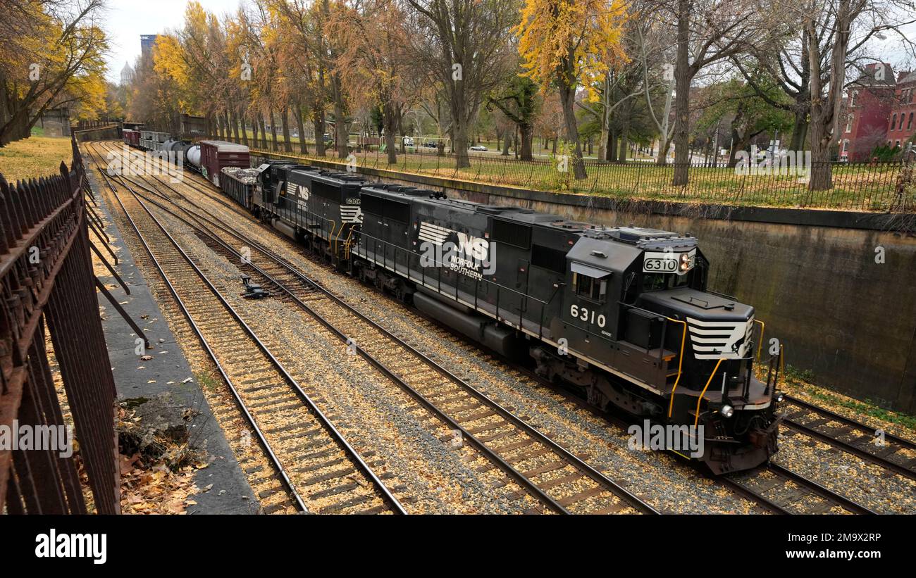 A Norfolk and Southern fright train makes it way through the Northside ...