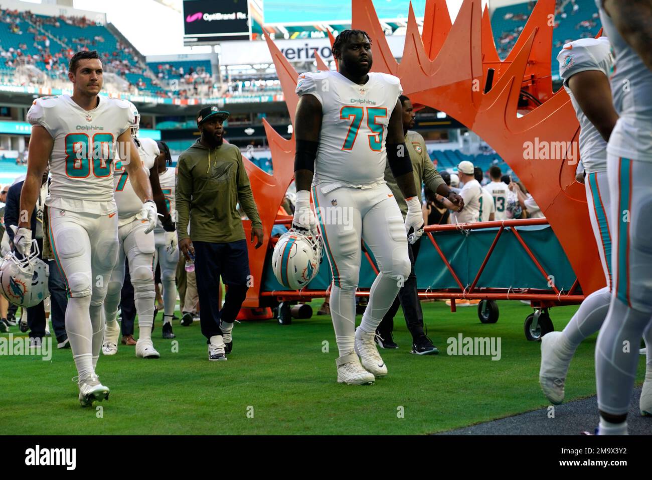 Miami Dolphins tight end Tanner Conner (80) and offensive tackle Greg ...