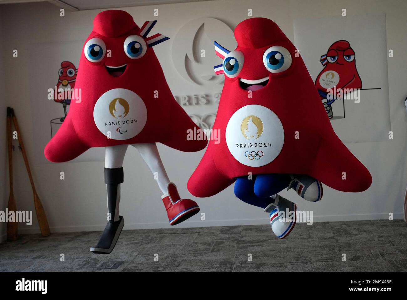 Mascots of the 2024 Paris Olympic Games, right, and Paralympics Games ...