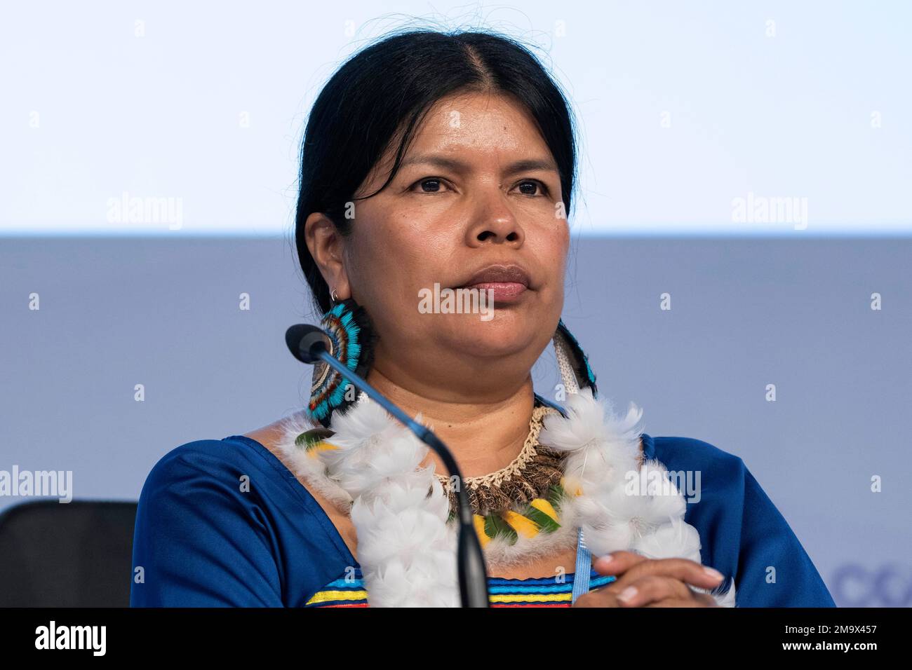 Patricia Gualinga, Indigenous rights activist from Ecuador, listens ...