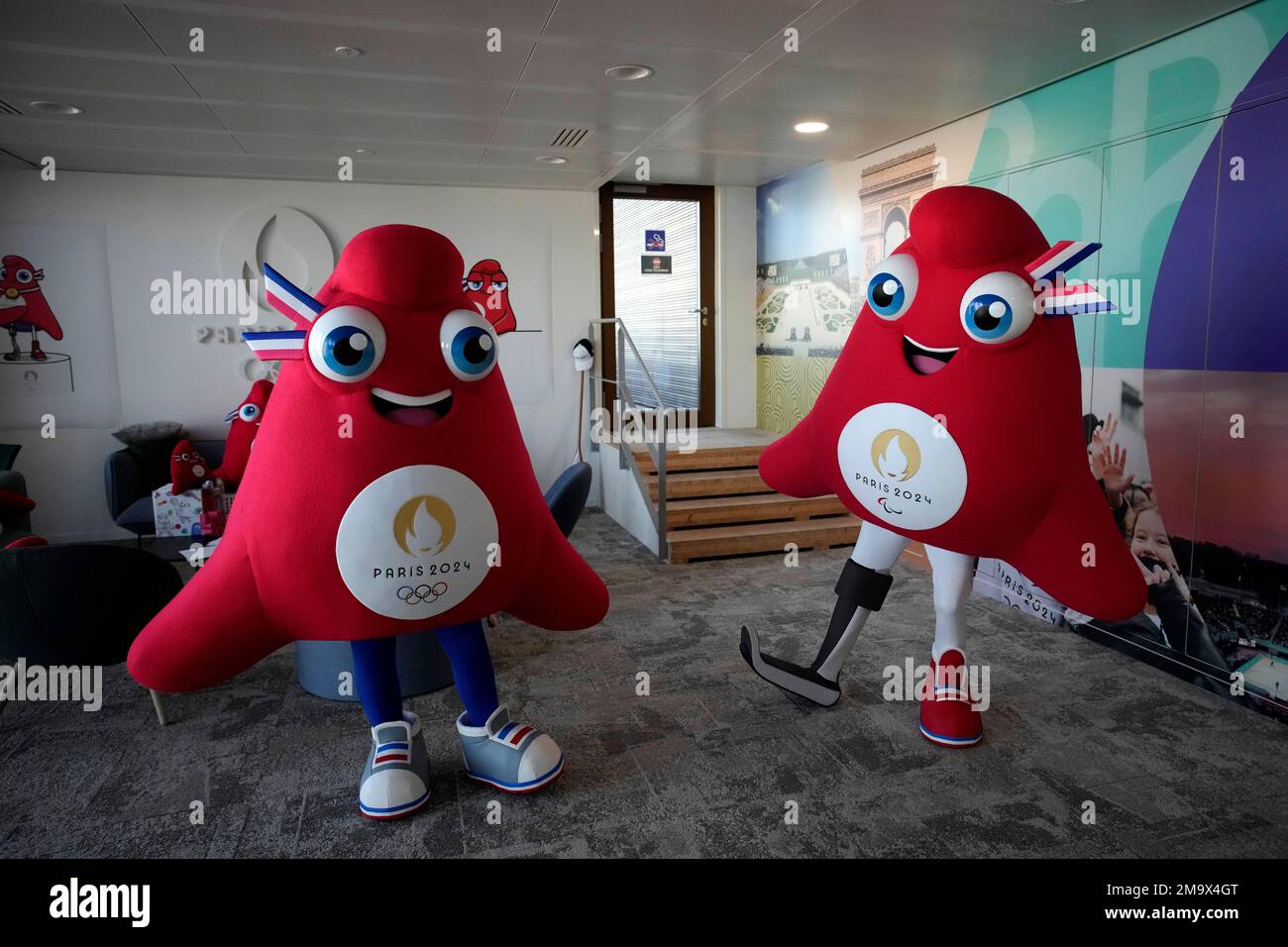 Mascots of the 2024 Paris Olympic Games, left, and Paralympics Games, a ...
