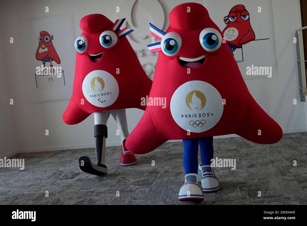 Mascots of the 2024 Paris Olympic Games, right, and Paralympics Games,a ...