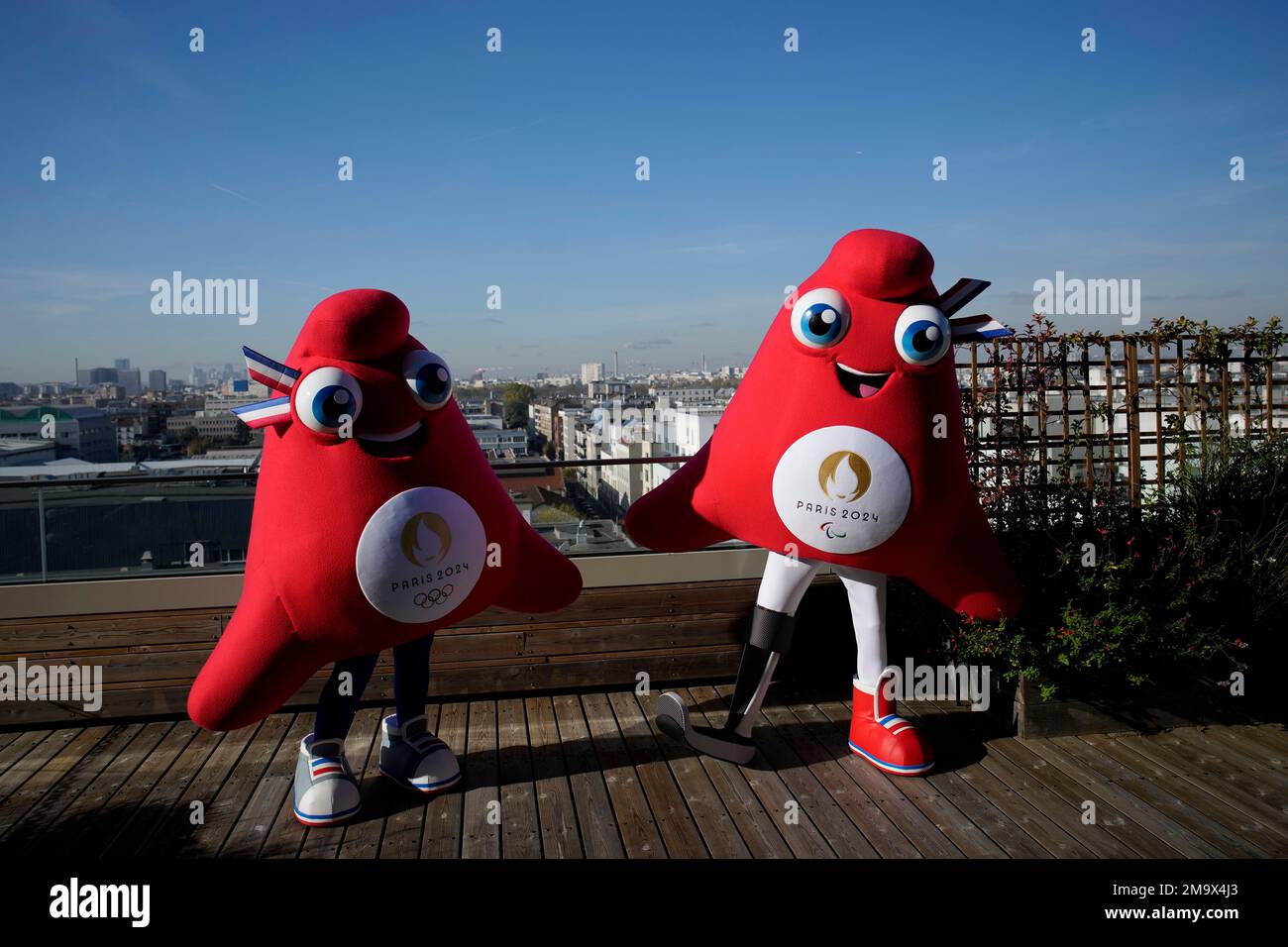 Mascots of the 2024 Paris Olympic Games, left, and Paralympics Games, a ...