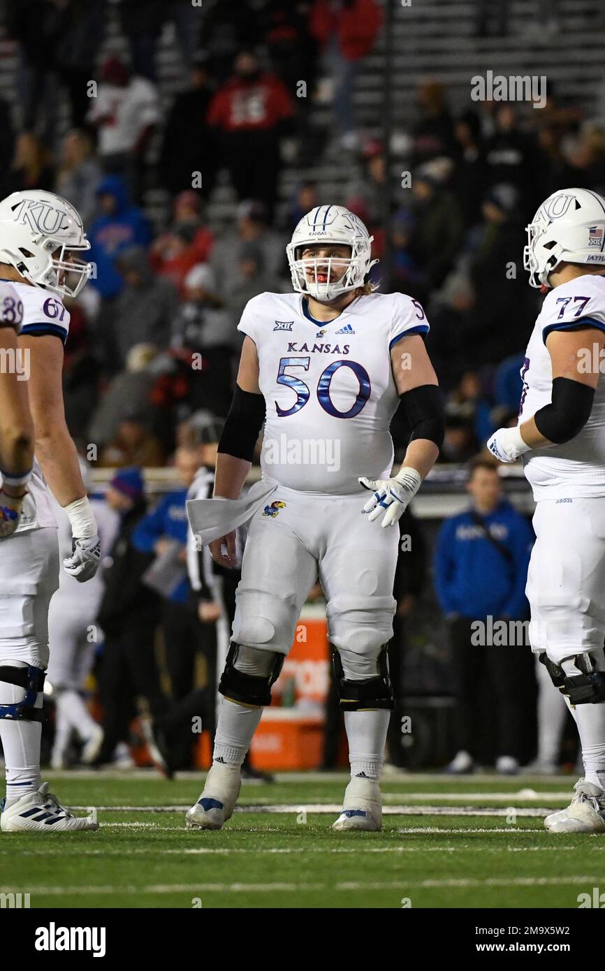 Kansas offensive lineman Mike Novitsky (50) lines up against Texas Tech ...