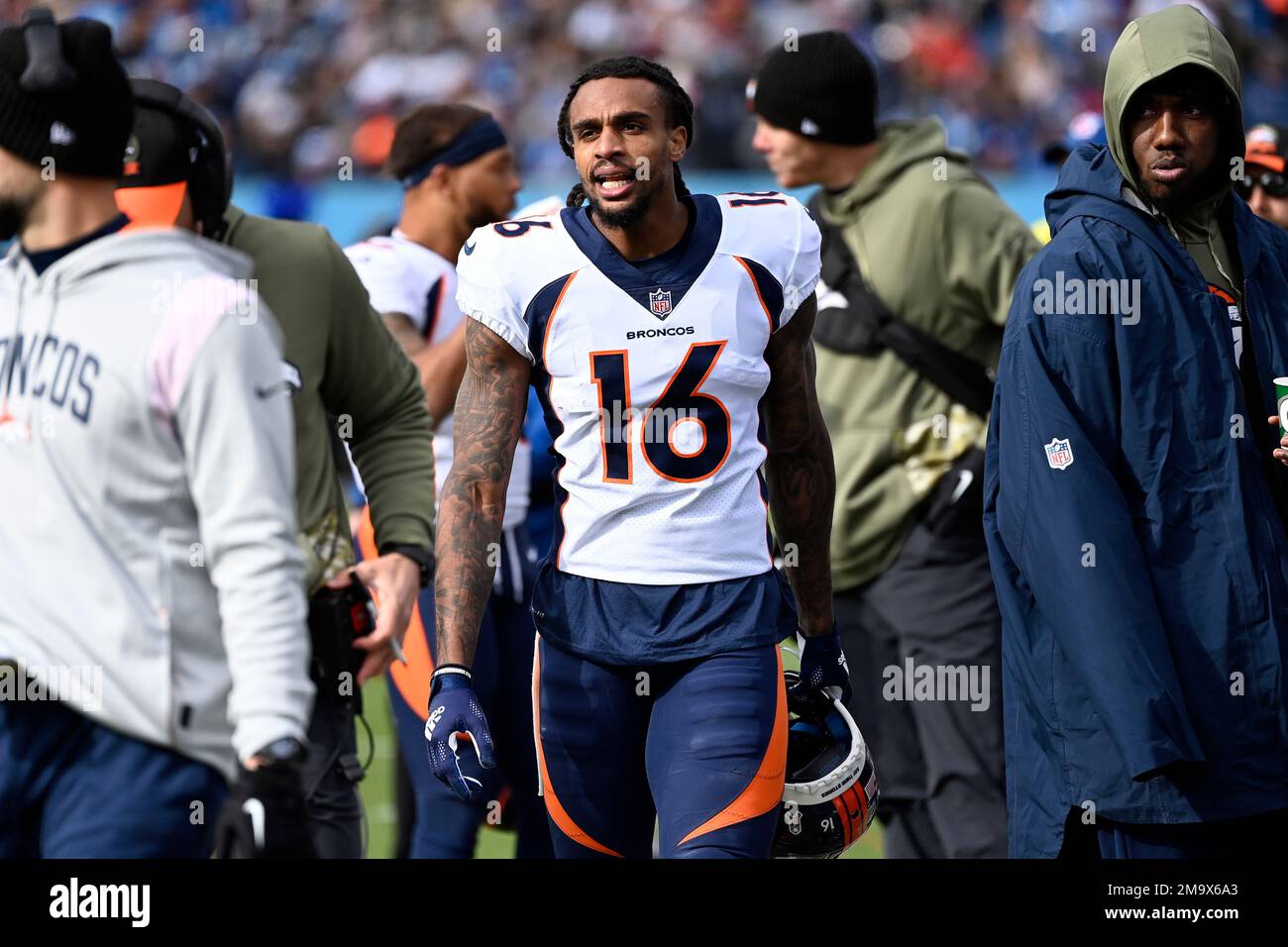 Denver Broncos wide receiver Tyrie Cleveland (16) walks on the ...