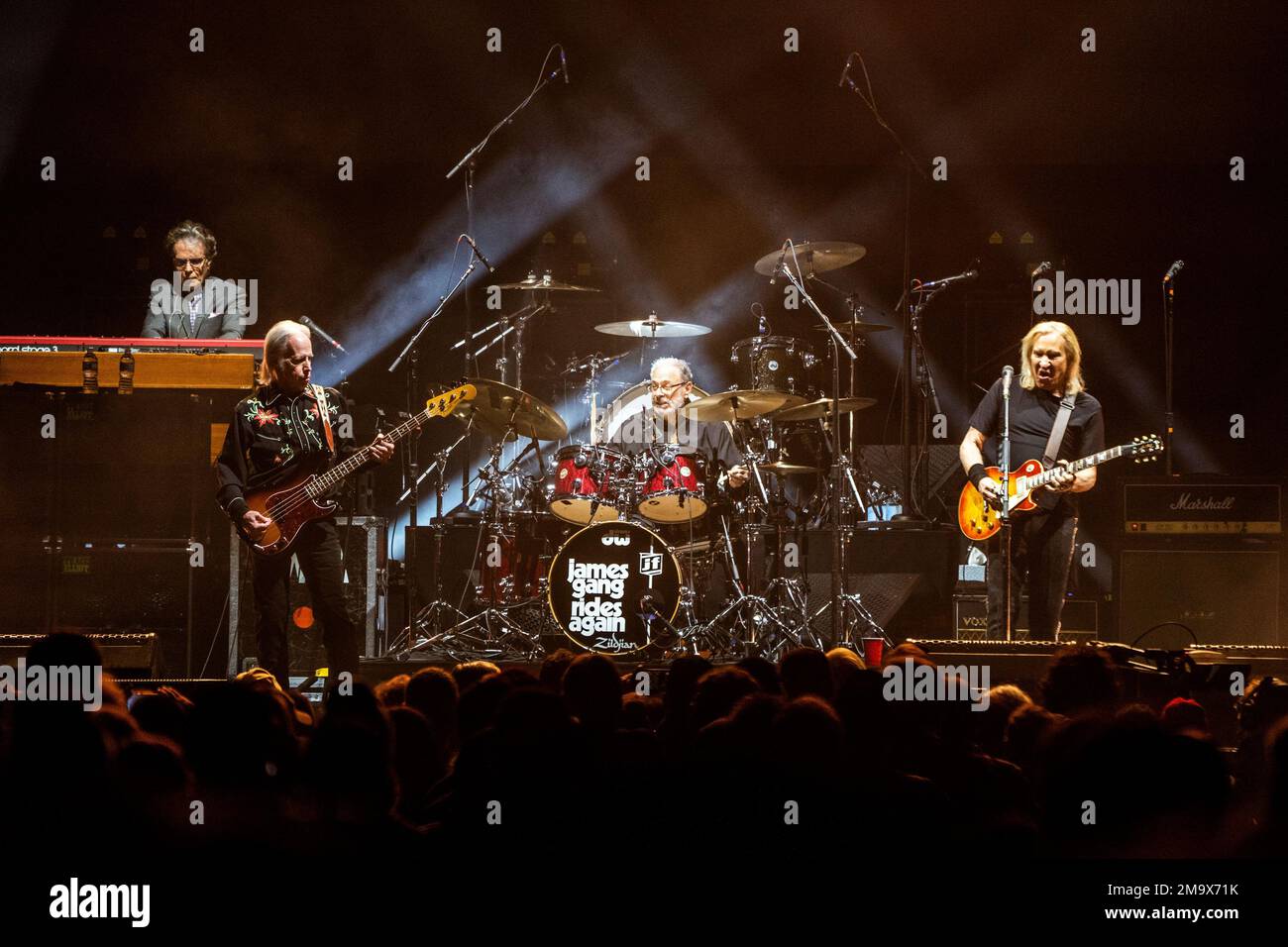 Dale Peters, left, Jimmy Fox, and Joe Walsh of James Gang perform at ...