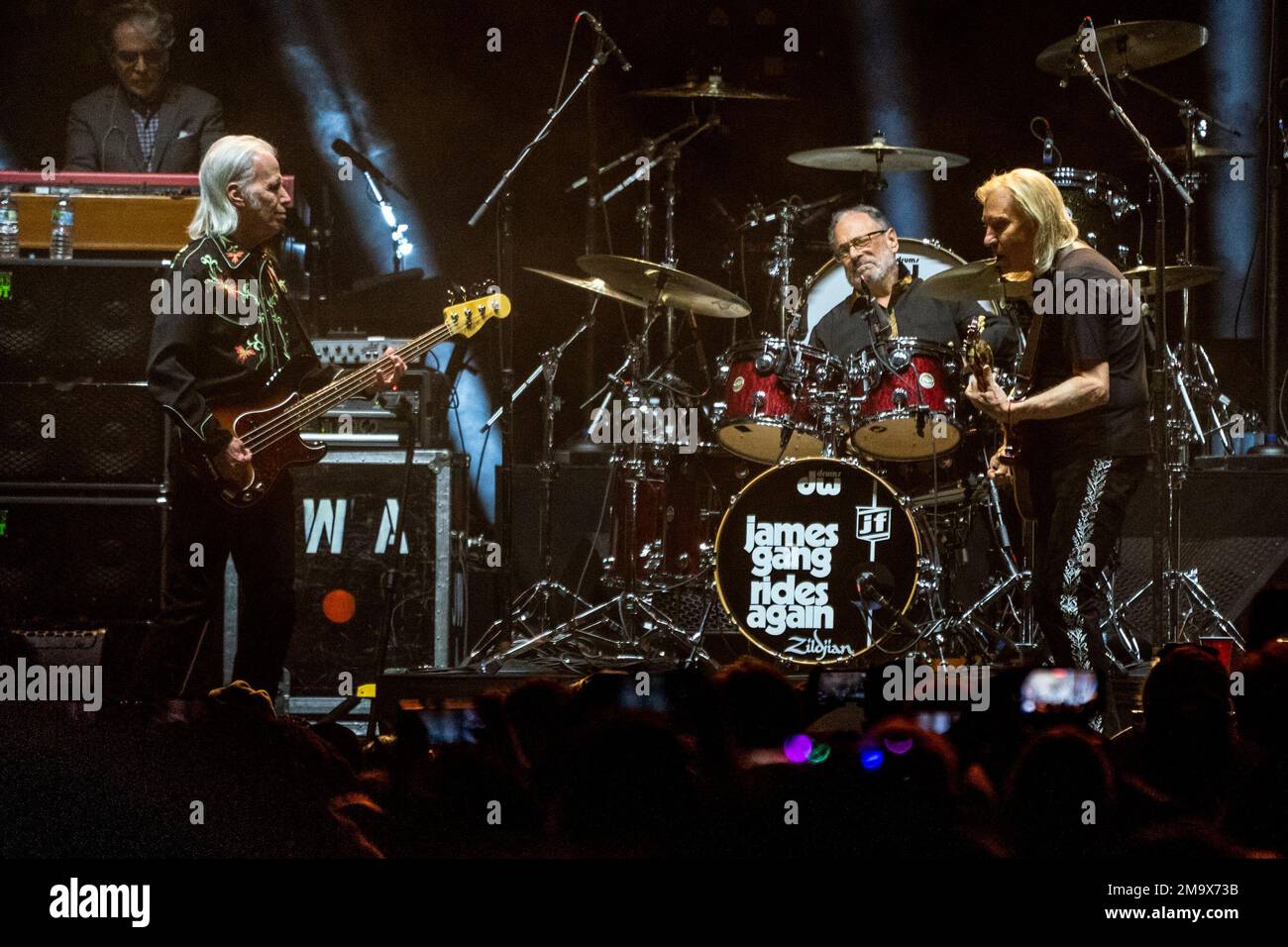 Dale Peters, left, Jimmy Fox and Joe Walsh of James Gang perform at the ...