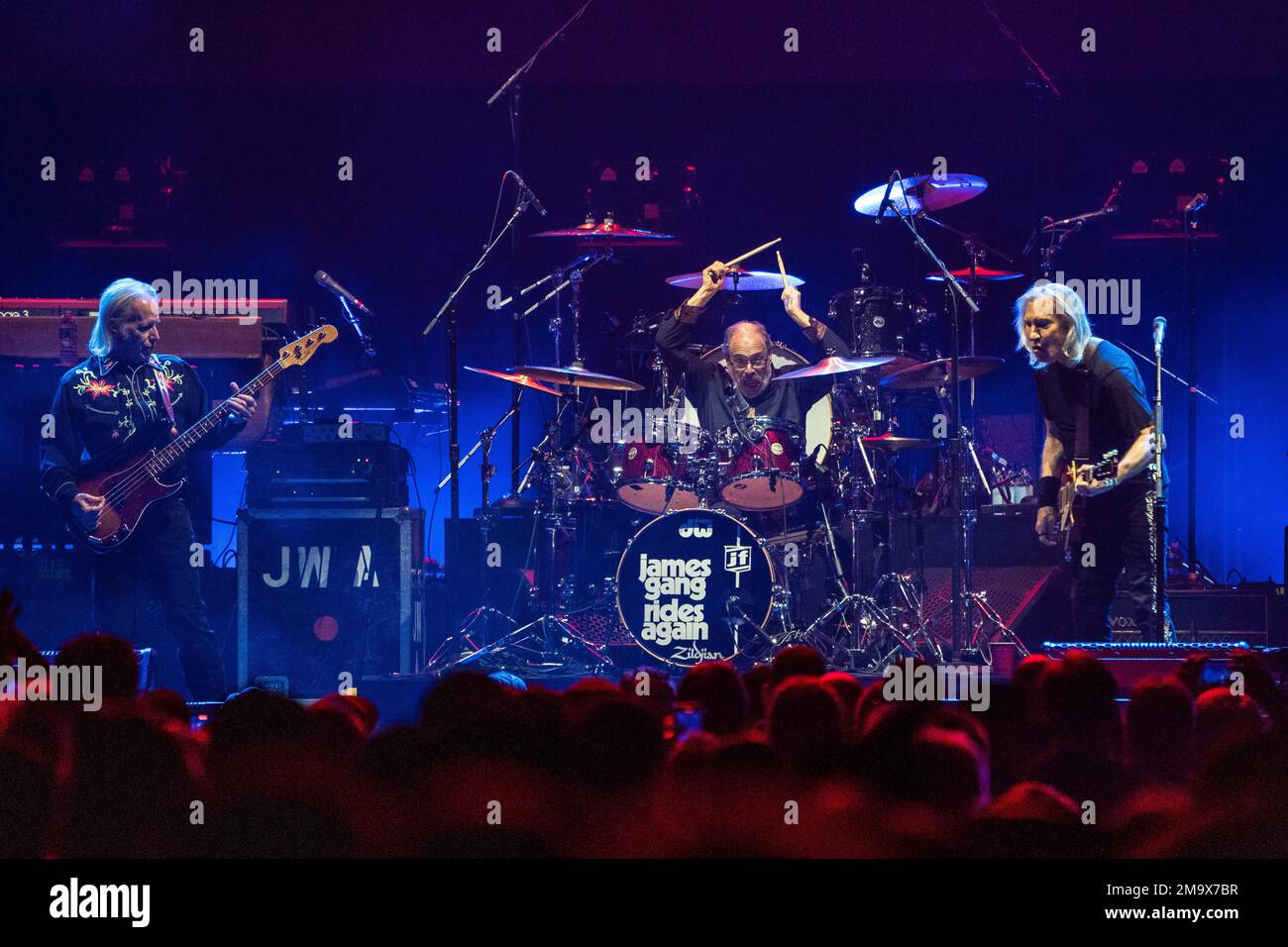 Dale Peters, left, Jimmy Fox, and Joe Walsh of James Gang perform at ...
