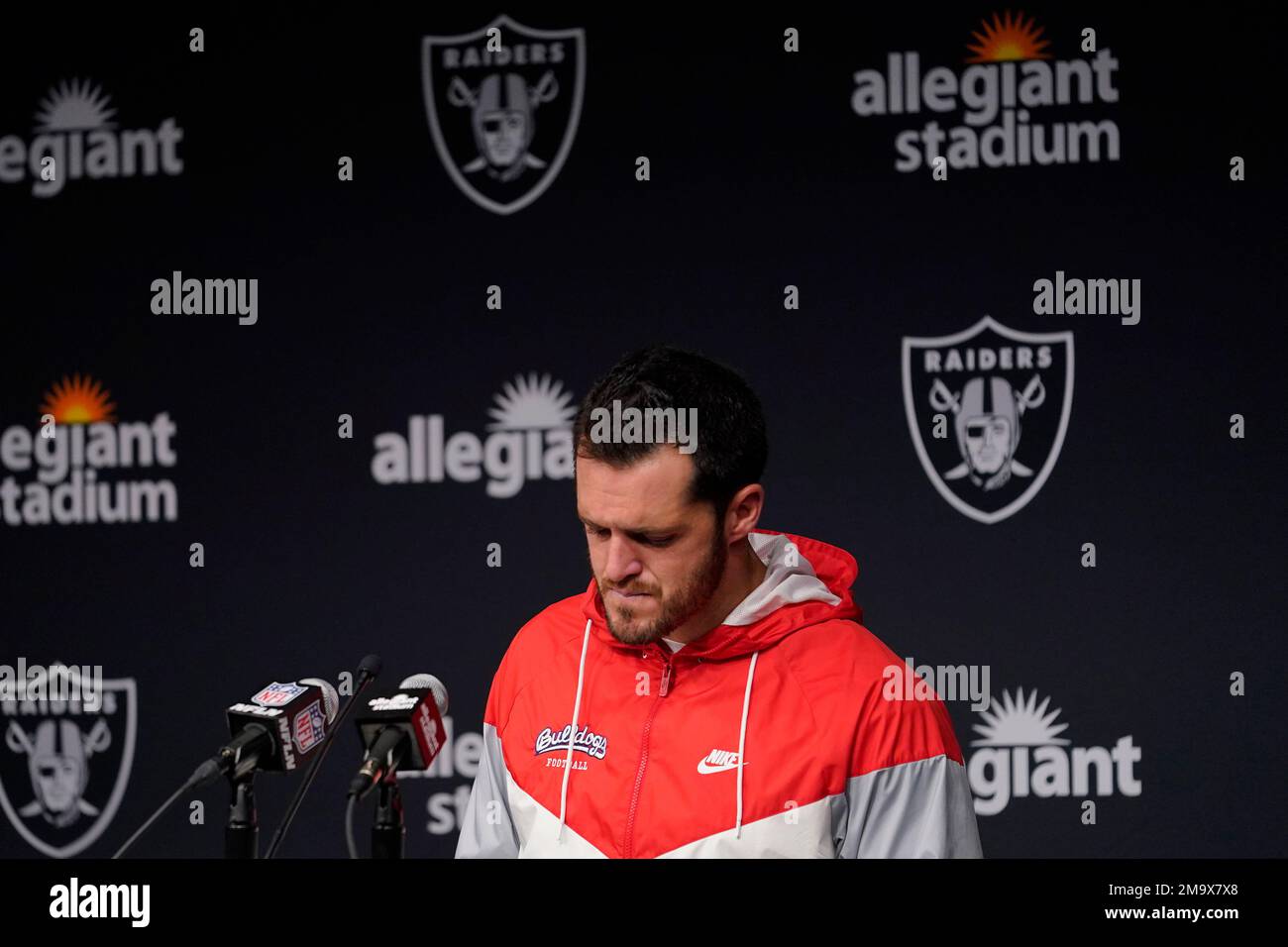 Las Vegas Raiders quarterback Derek Carr speaks after an NFL football ...