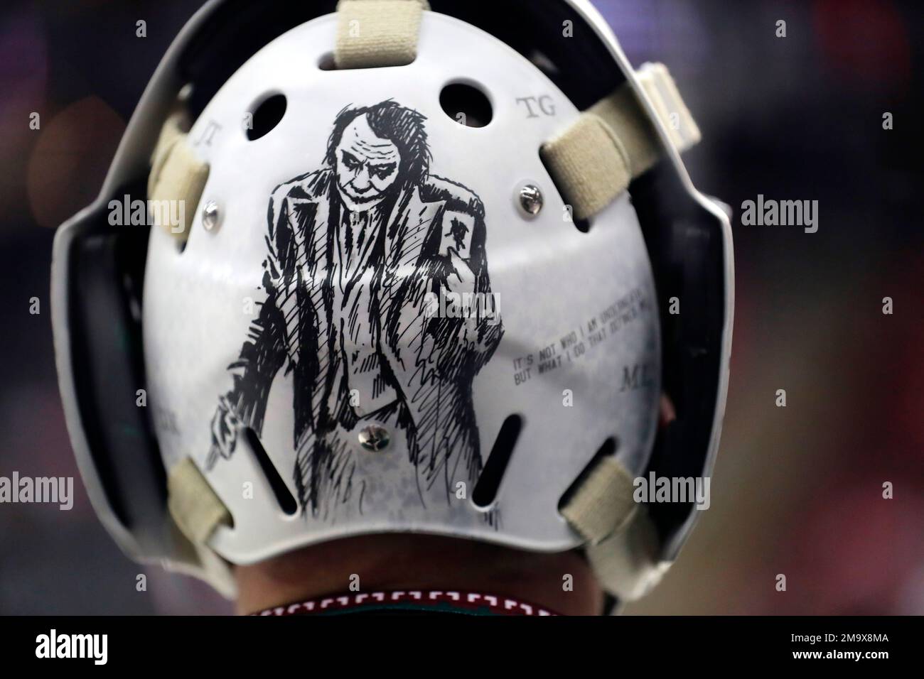 The back of the helmet of Arizona Coyotes goaltender Connor Ingram (39 ...