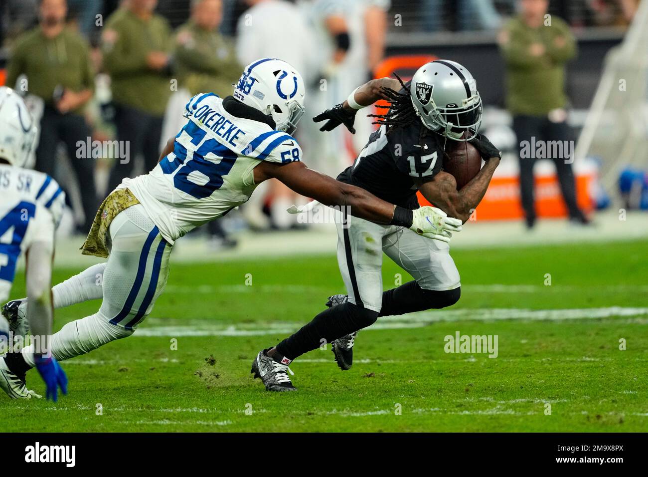 Indianapolis Colts linebacker Bobby Okereke (58) tackles Las Vegas ...