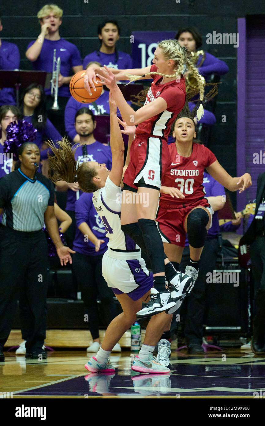 Stanford forward Cameron Brink, center top, blocks a shot by Portland ...