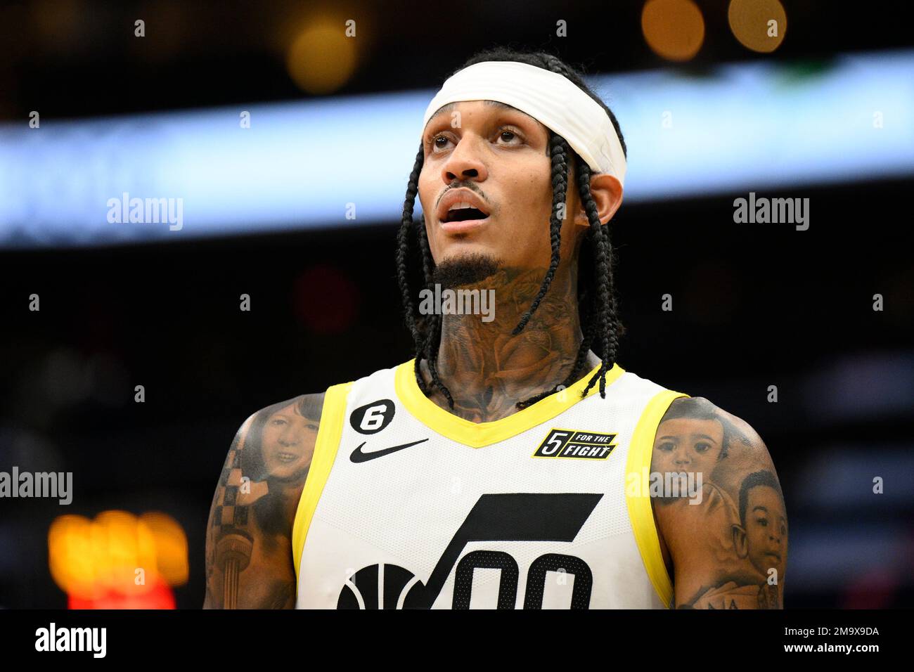 Utah Jazz guard Jordan Clarkson (00) looks on during the first half of ...