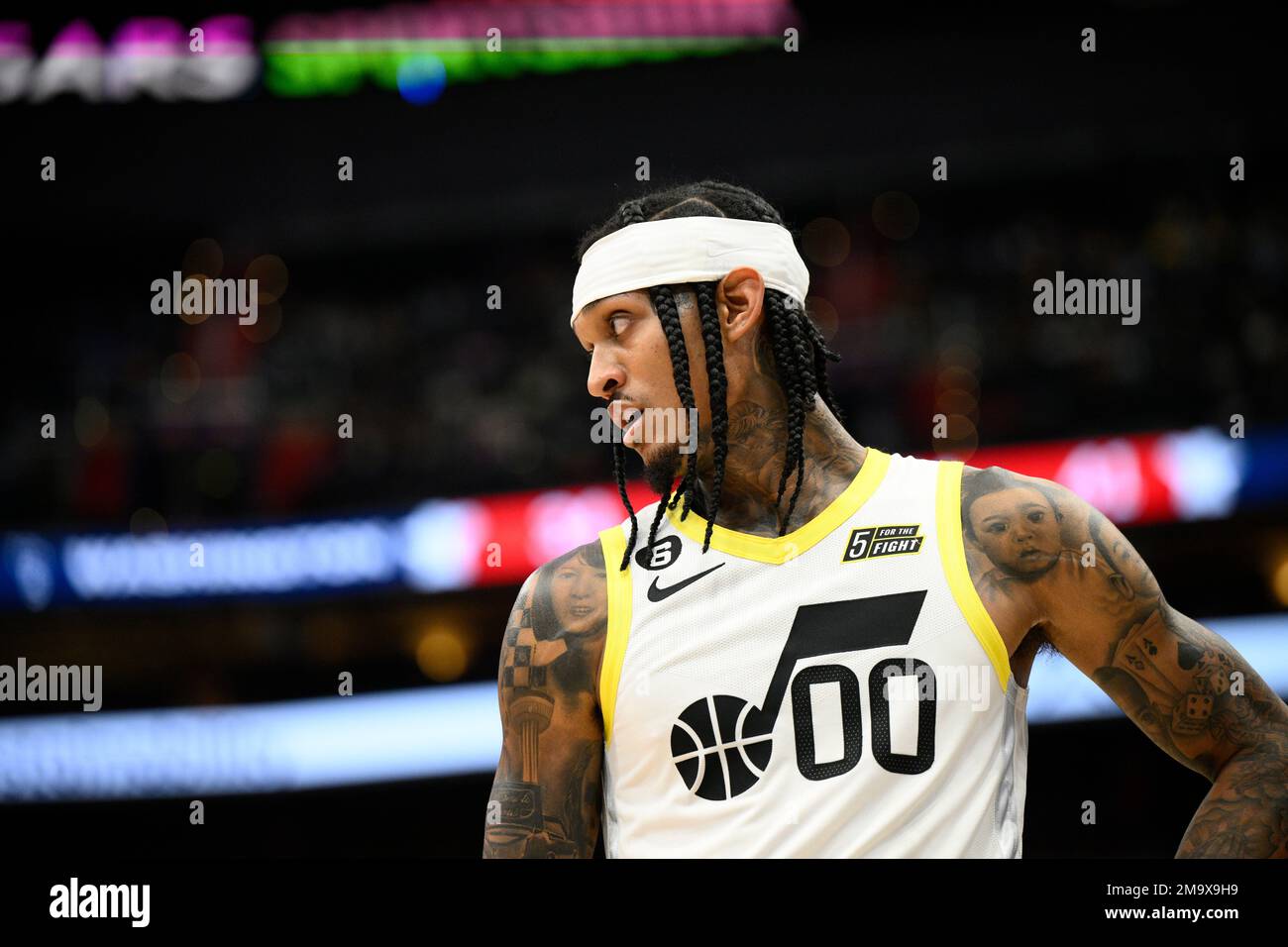 Utah Jazz guard Jordan Clarkson (00) looks on during the first half of ...