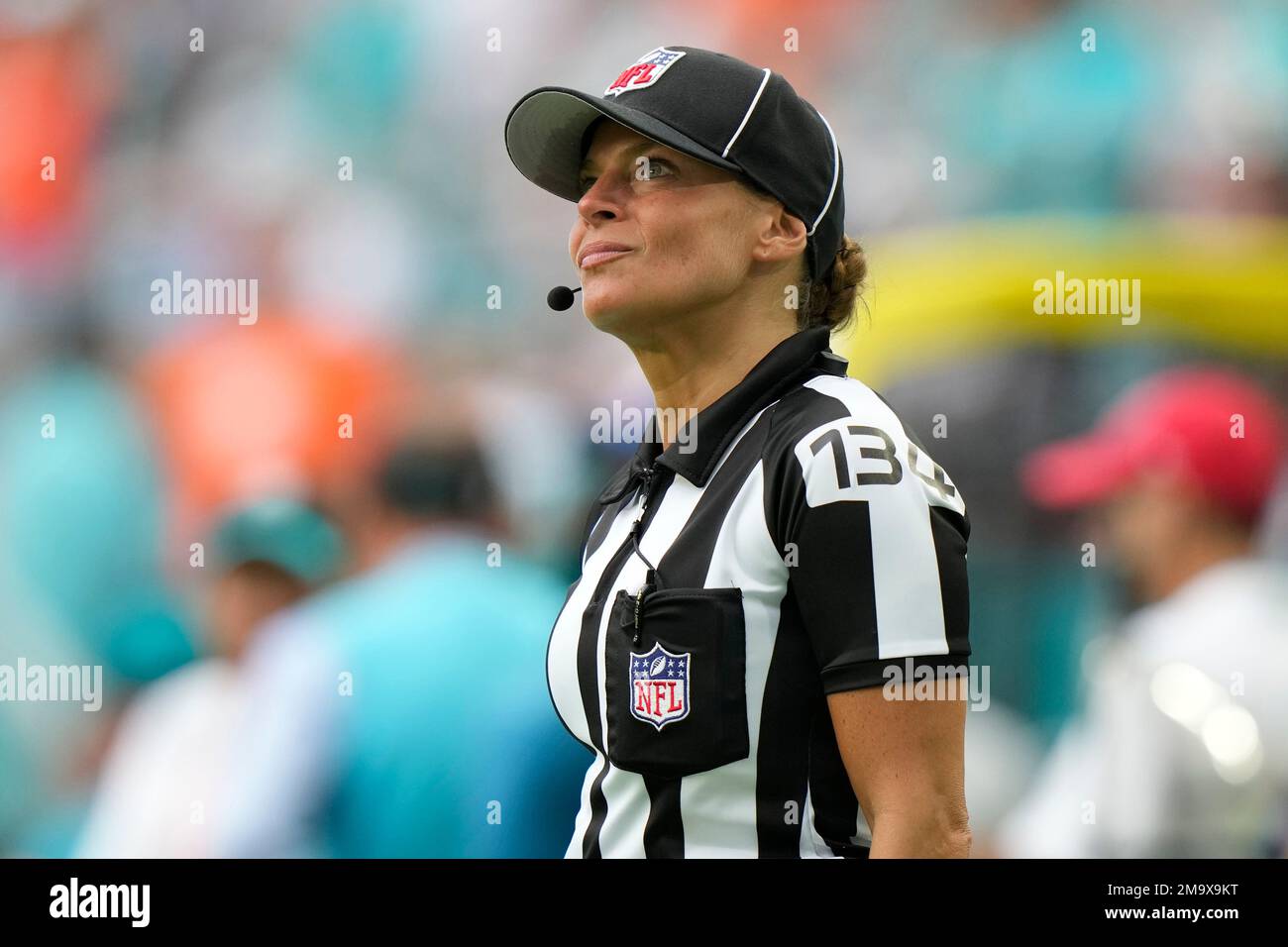 NFL down judge Robin DeLorenzo (134) looks up during the second half of ...