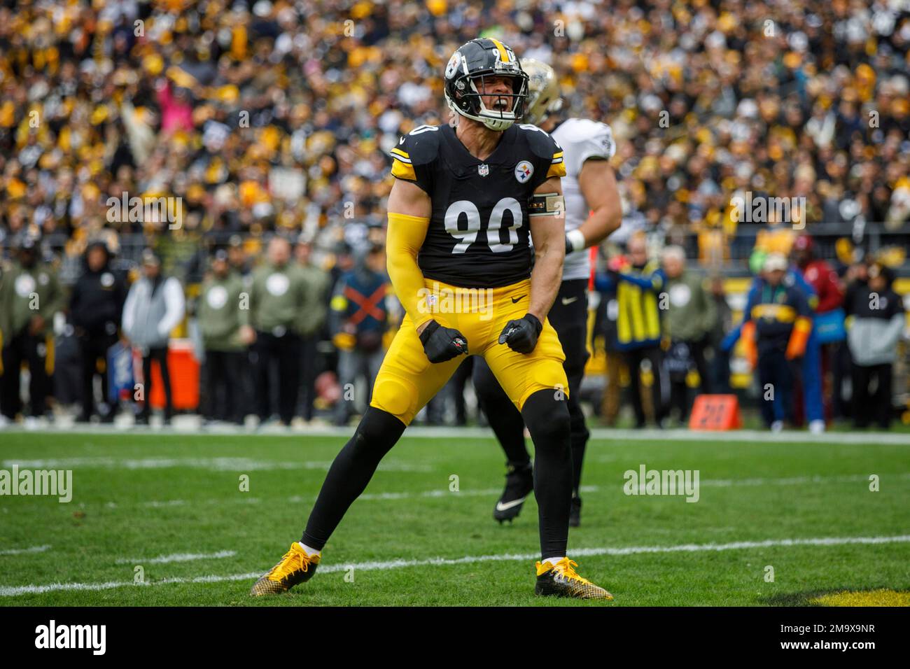 Pittsburgh Steelers linebacker T.J. Watt (90) celebrates after a tackle ...