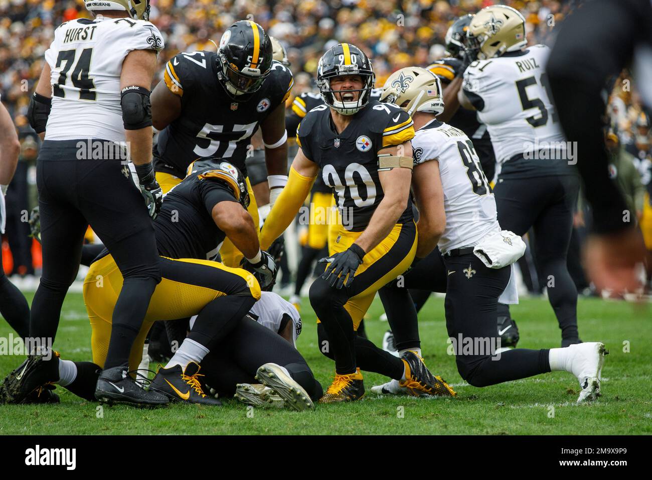 Pittsburgh Steelers linebacker T.J. Watt (90) celebrates after a tackle ...