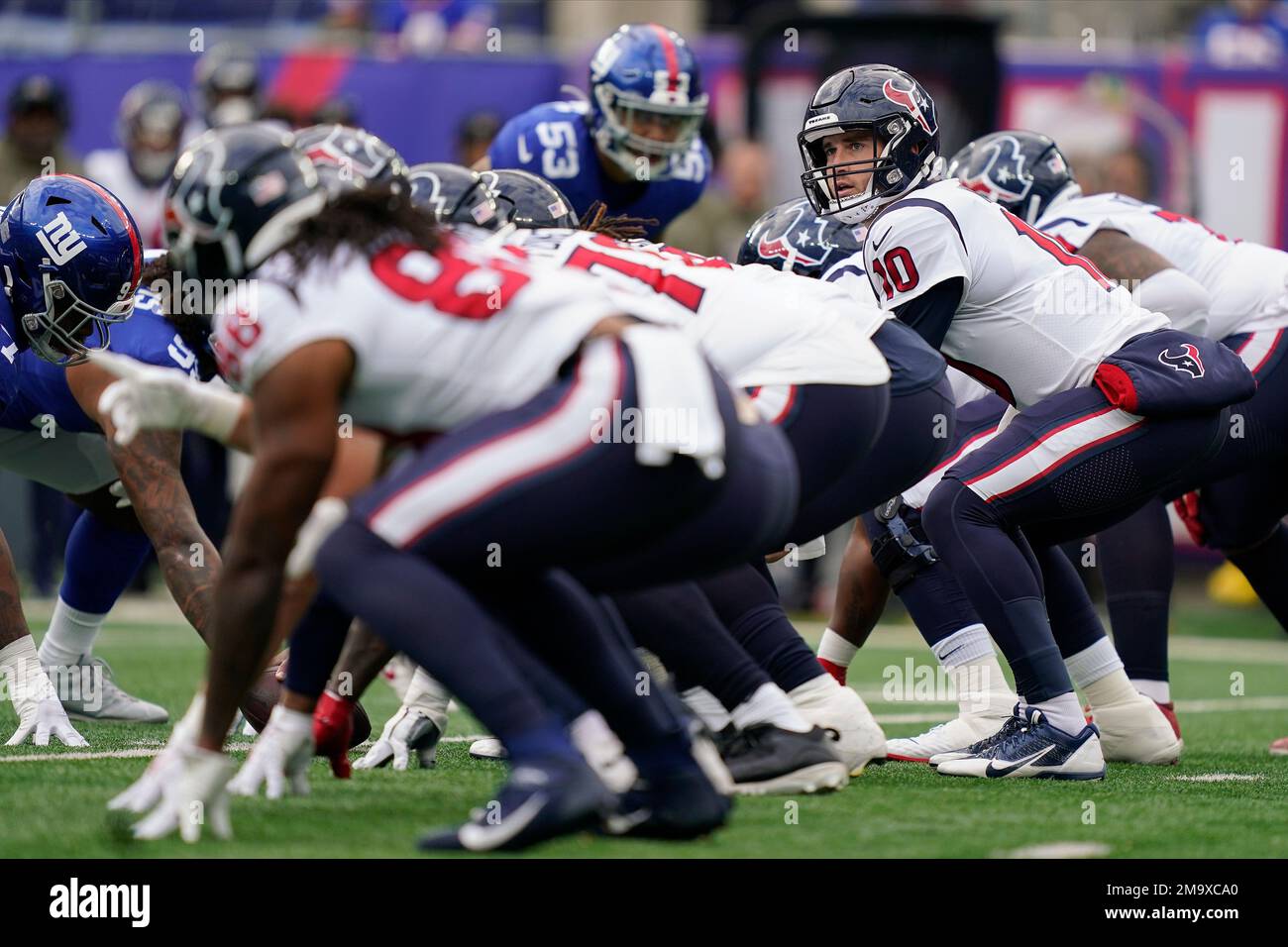 Houston Texans quarterback Davis Mills (10) calls an audible at the ...