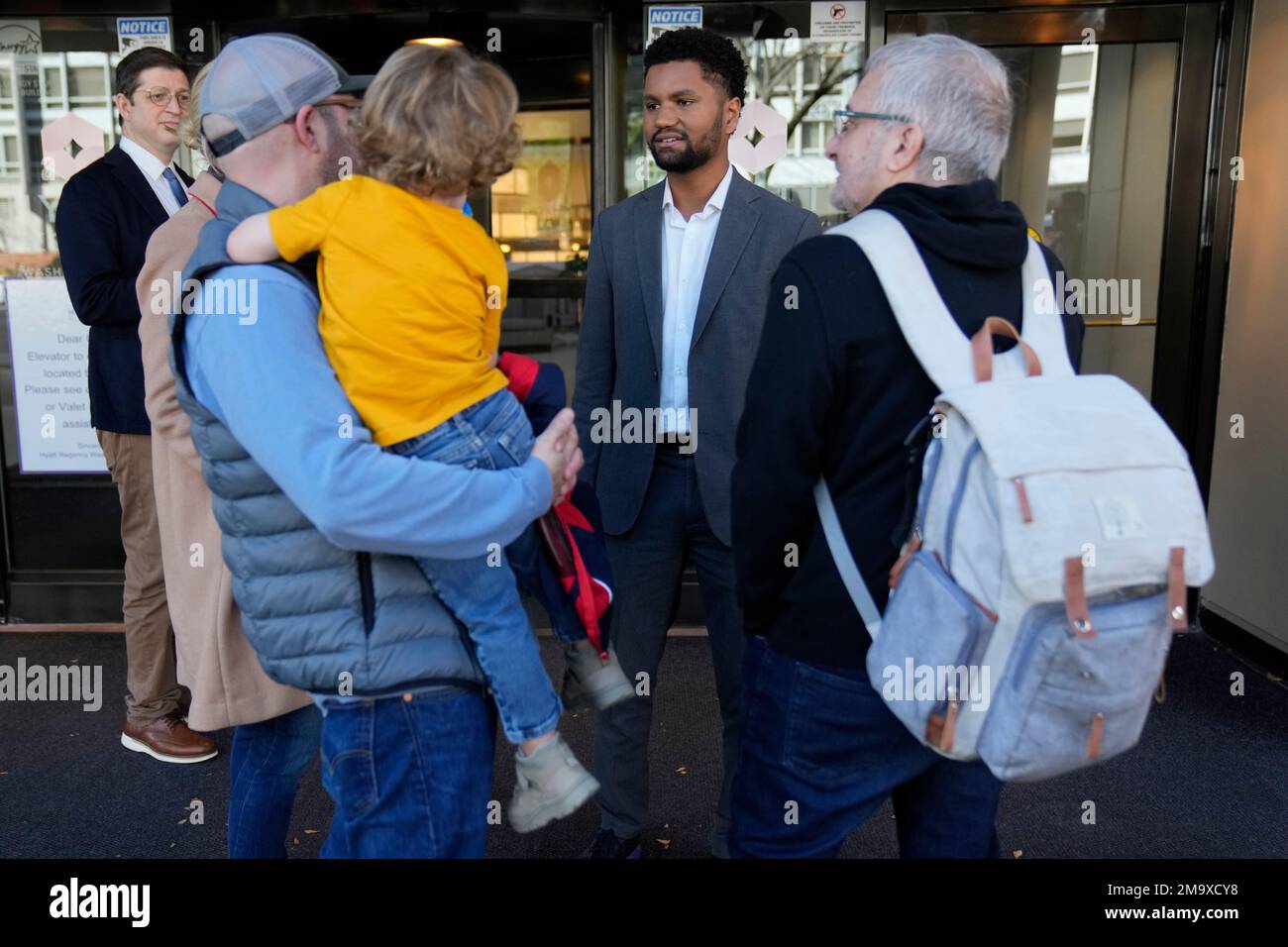 Rep.-elect Maxwell Frost, D-Fla., talks with people as he arrives for ...