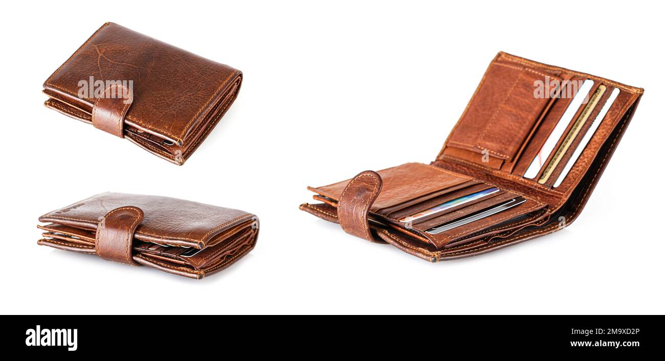 The set of old opened men's wallet isolated on white background Stock ...