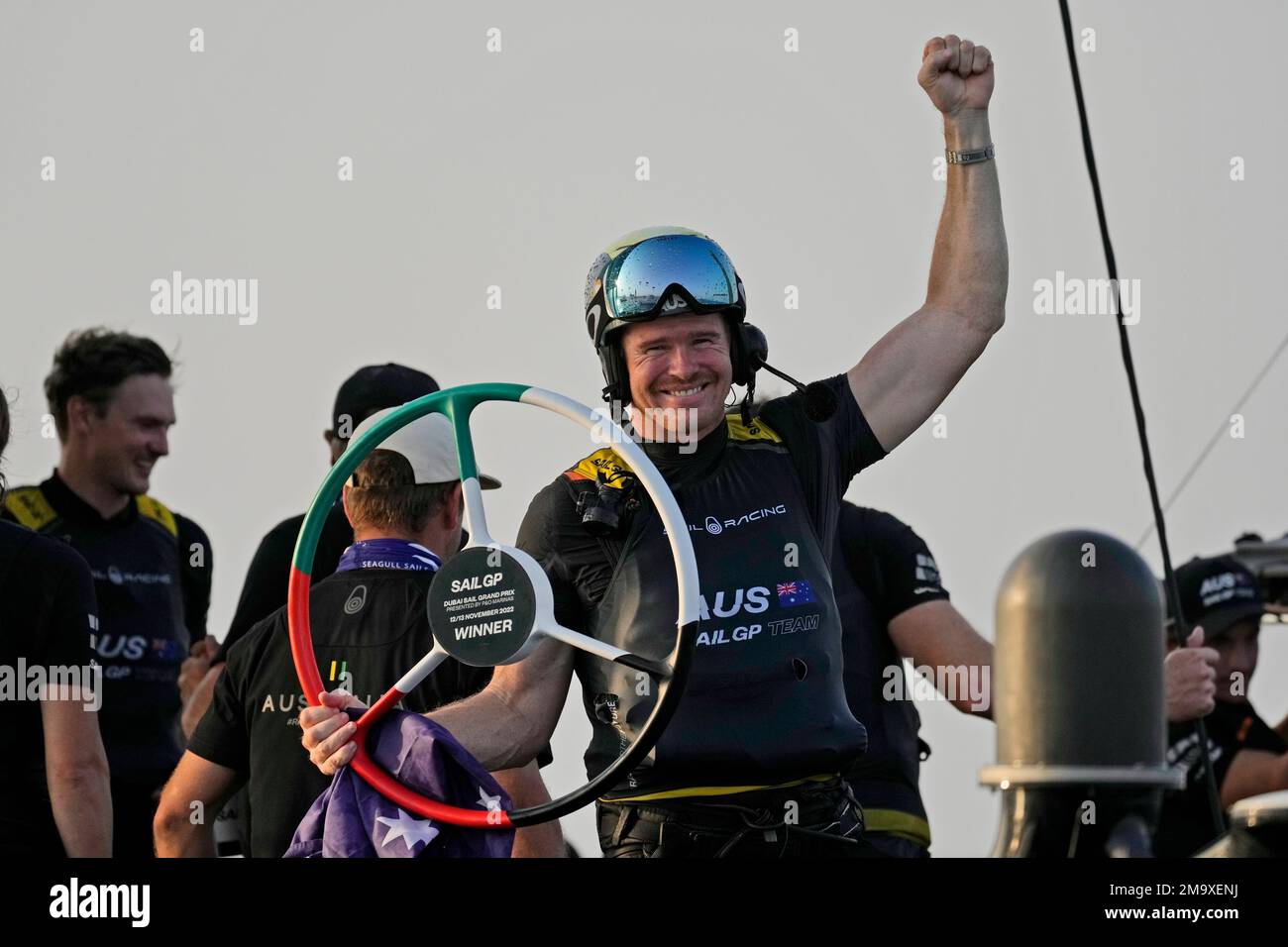 Australian skipper Tom Slingsby holds the trophy after Australia's GP ...