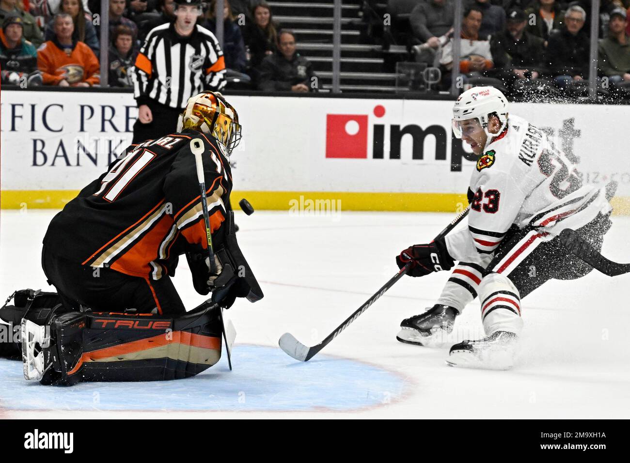 Anaheim Ducks goaltender Anthony Stolarz, left, stops a shot by Chicago ...