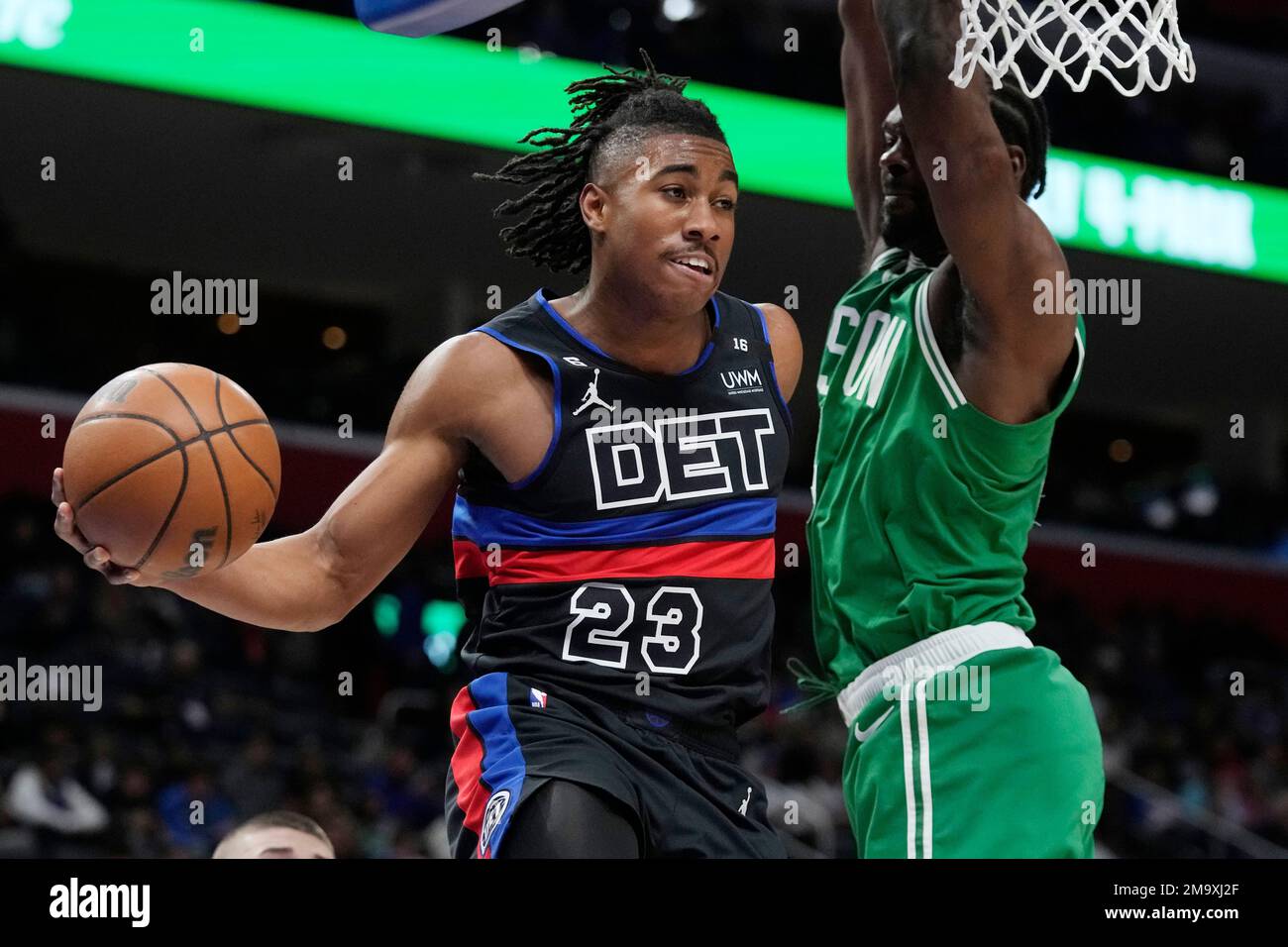 Detroit Pistons guard Jaden Ivey (23) passes the ball as Boston Celtics ...