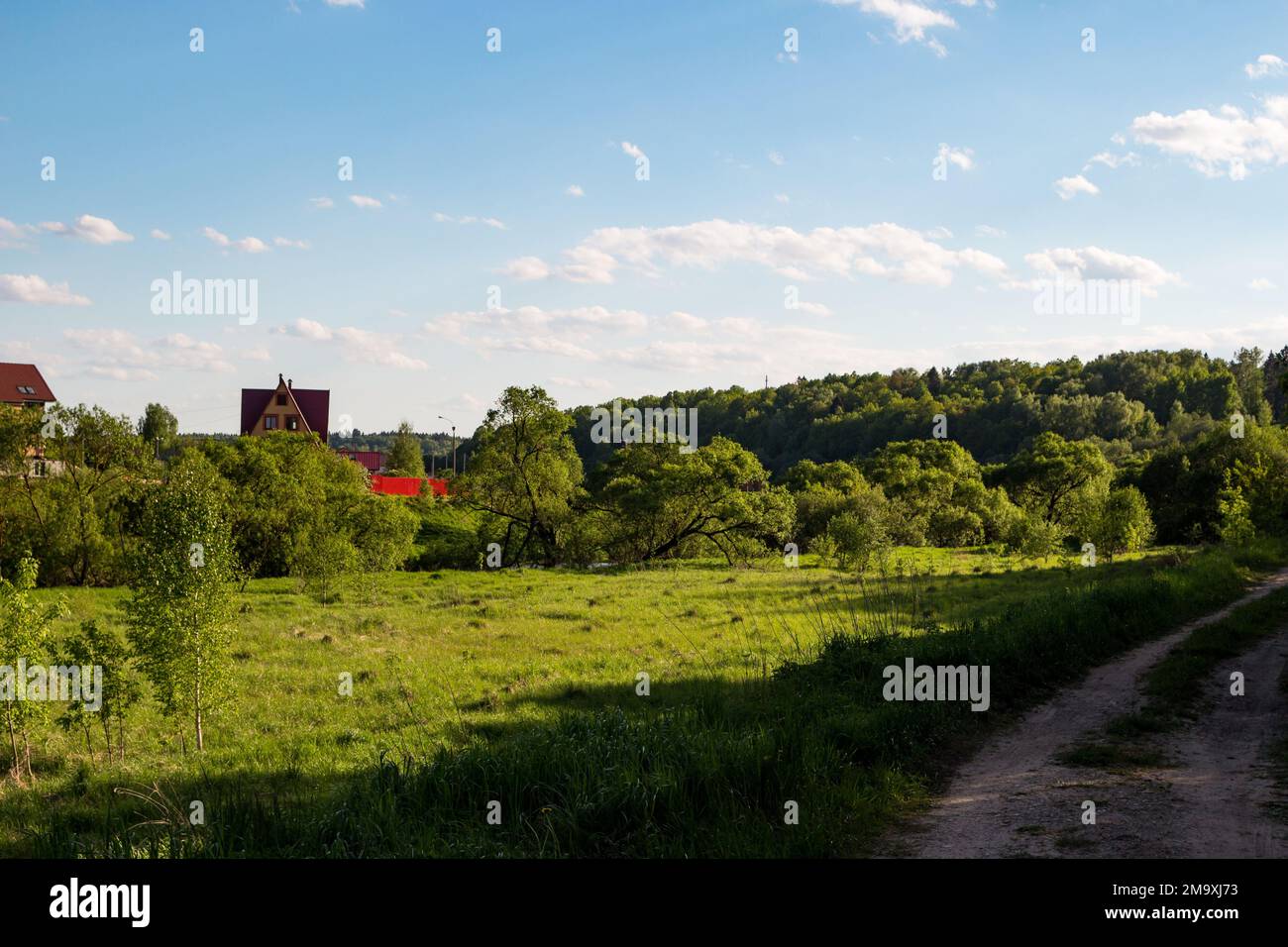 Rural outskirts with a view of fields and forests, houses in the ...
