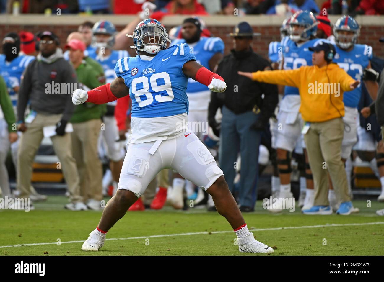 Mississippi defensive tackle JJ Pegues (89) reacts after an Alabama ...