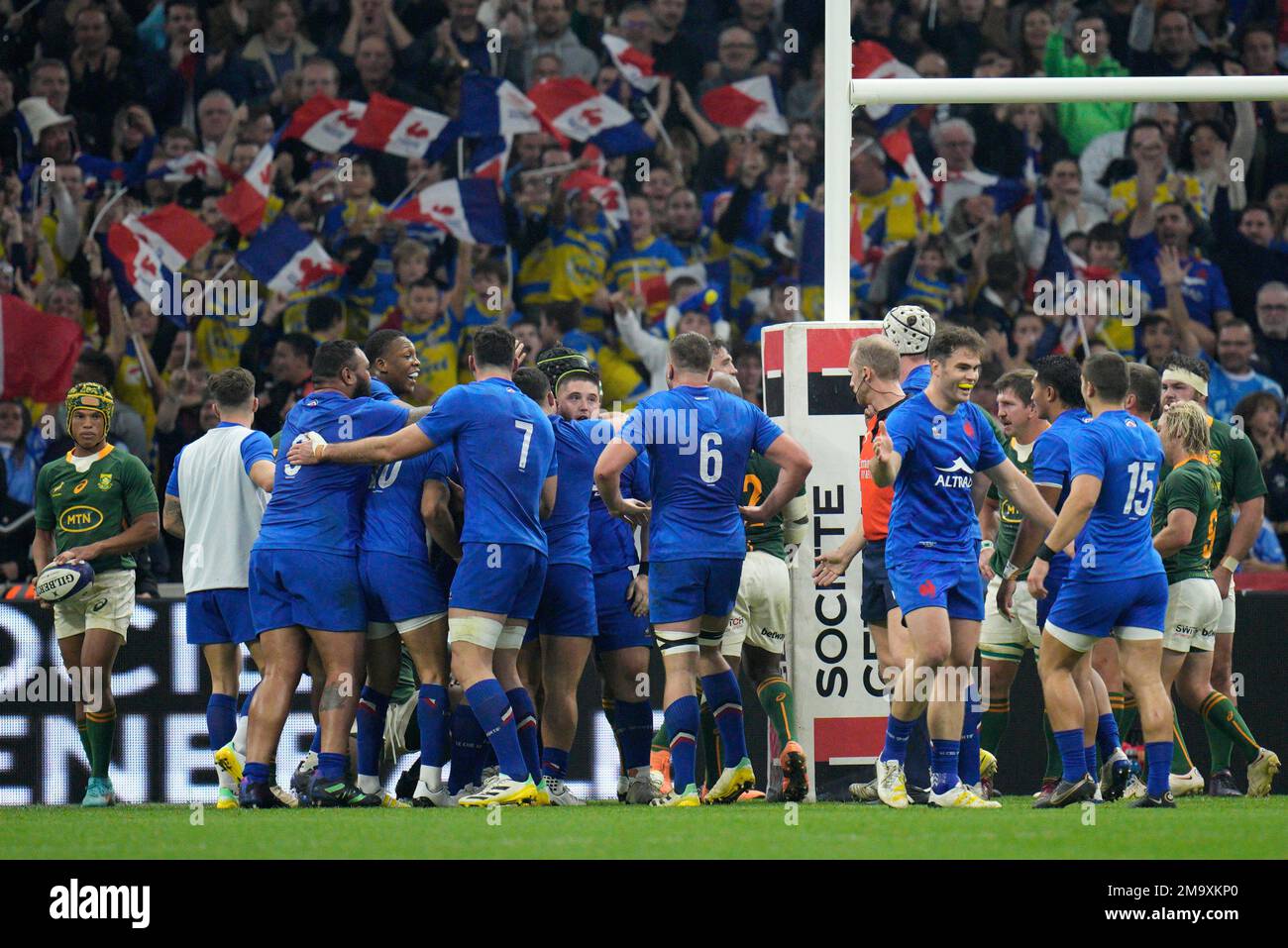French players celebrate after France's Cyril Baille scored the opening ...