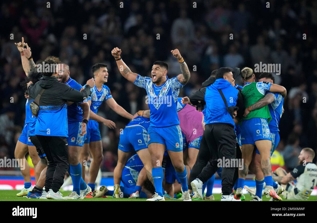 Samoa's players and team officials celebrates at the end of the Rugby ...