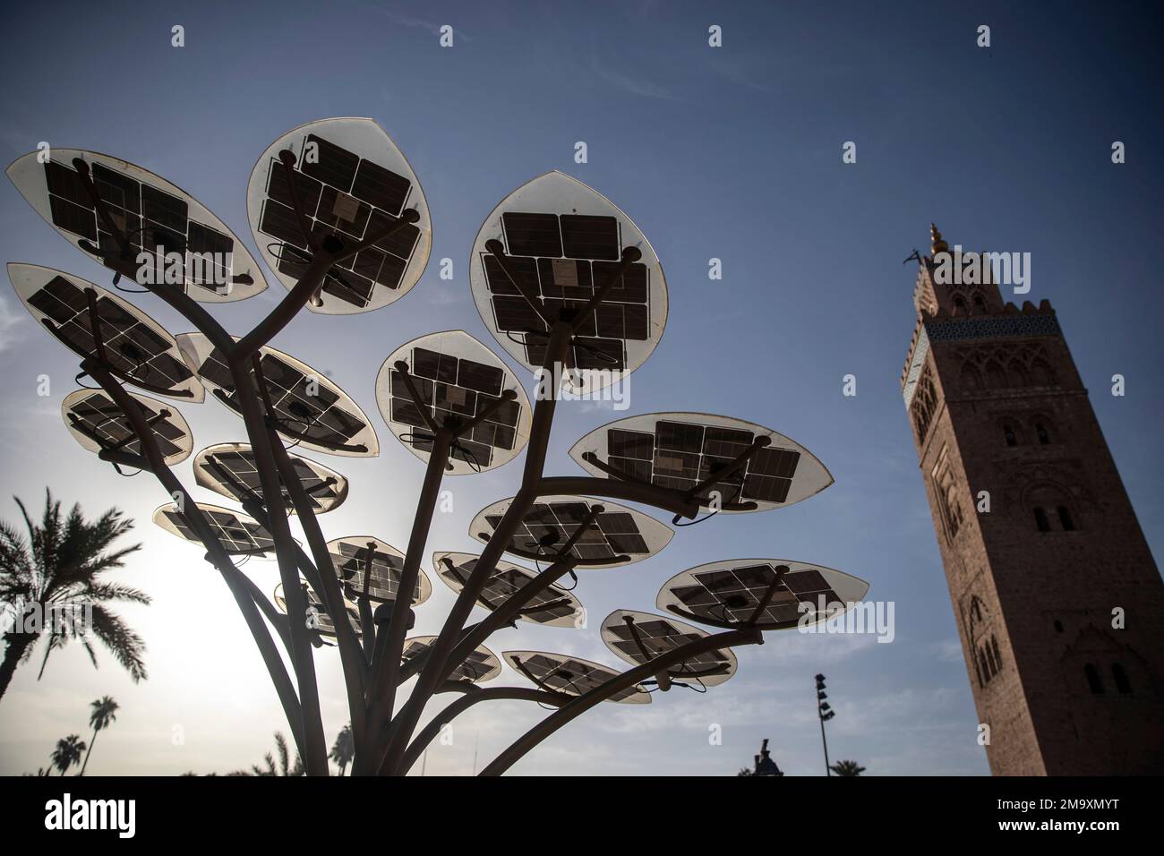 A solar tree that generates energy using panels is placed in front of ...