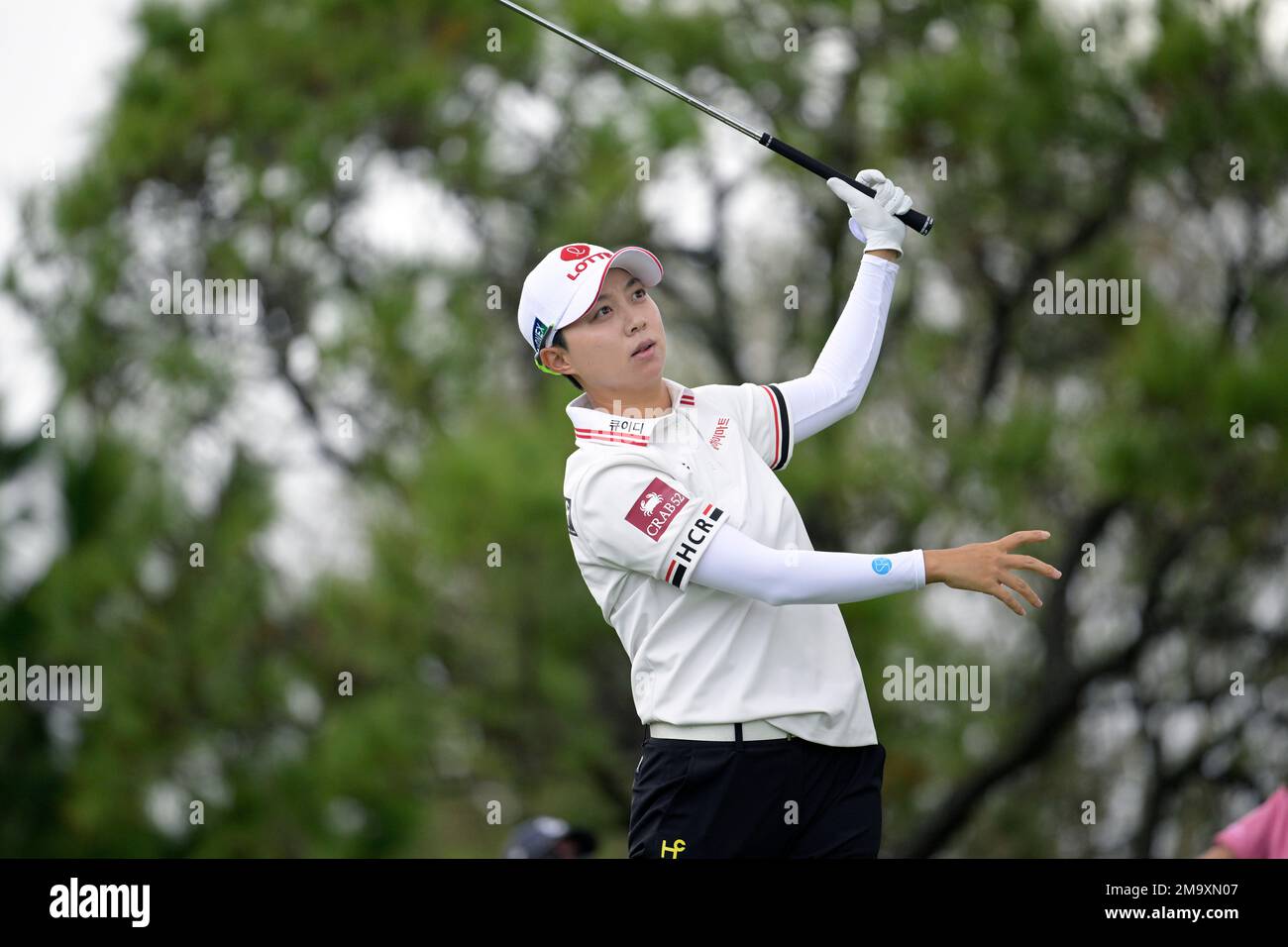 Hyo Joo Kim, of South Korea, watches her tee shot on the ninth hole ...