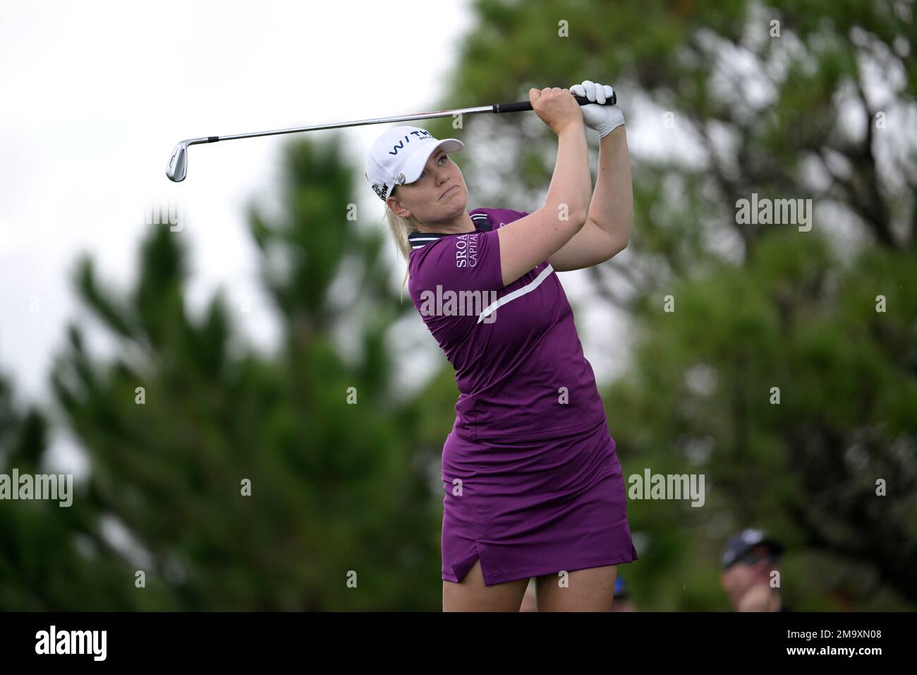 Matilda Castren, of Finland, watches her tee shot on the ninth hole ...