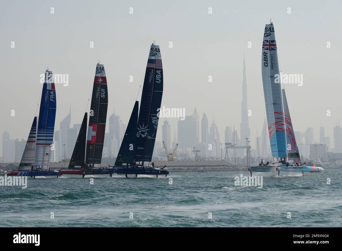 From left to right, Sail GP teams from France, Switzerland, U.S.A and ...