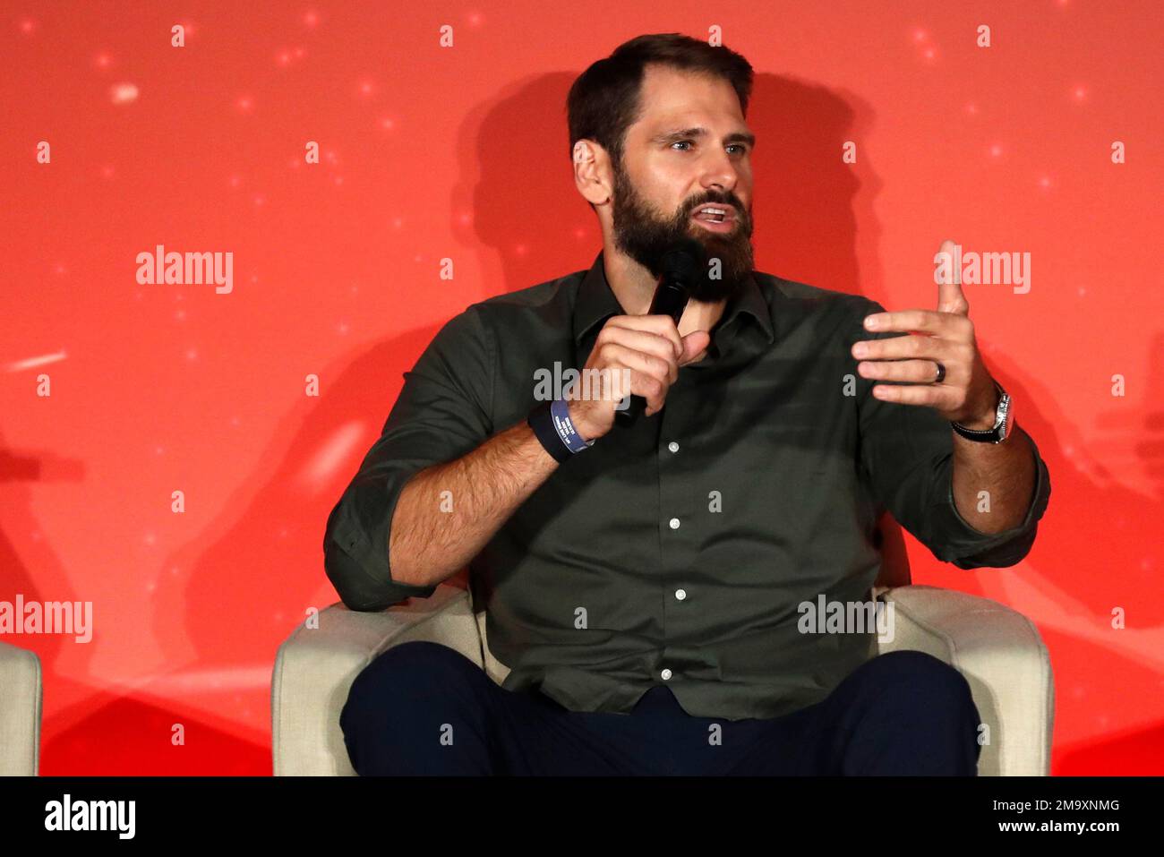 Former NFL player Sebastian Vollmer speaks on stage at the NFL Germany ...