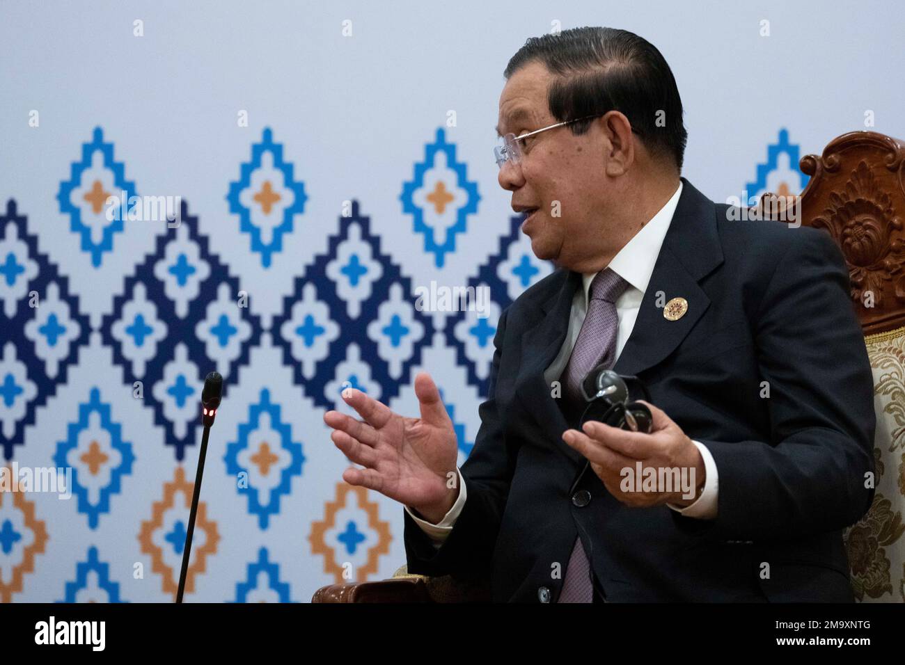 Cambodian Prime Minister Hun Sen speaks during a meeting with President ...