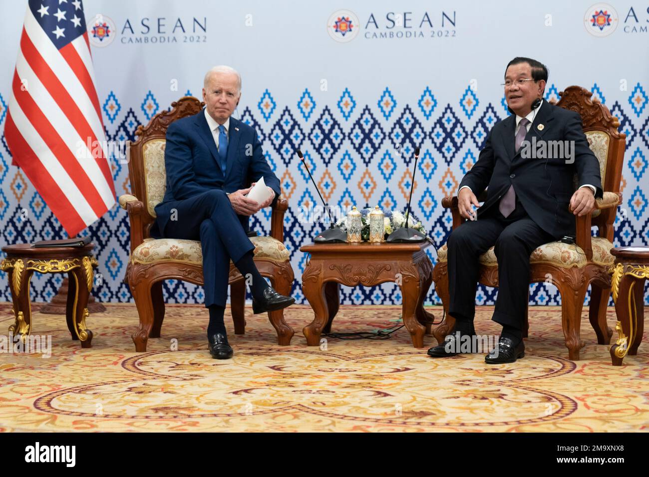 U.S. President Joe Biden, left, meets with Cambodian Prime Minister Hun ...