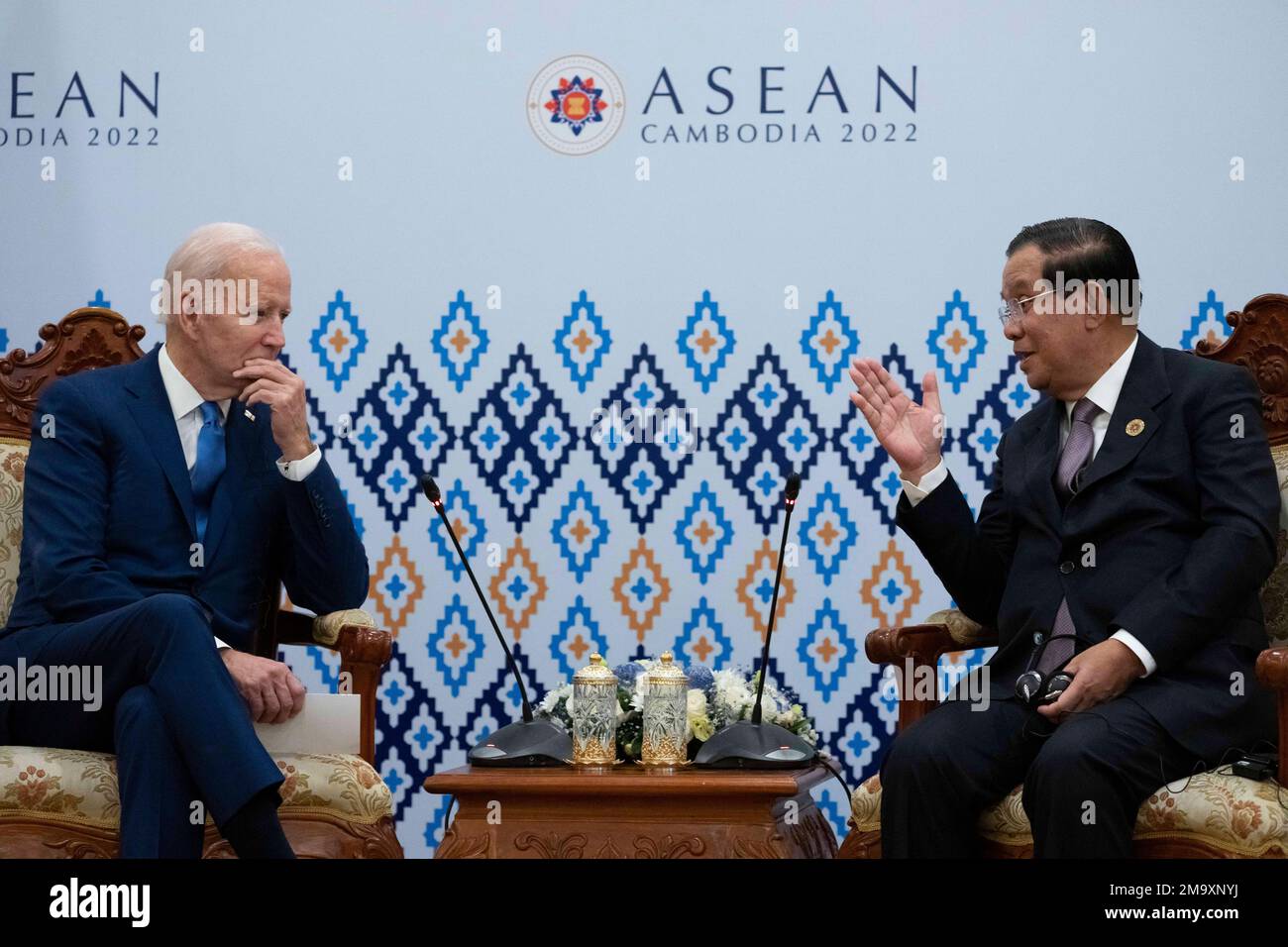 U.S. President Joe Biden listens during a meeting with Cambodian Prime ...