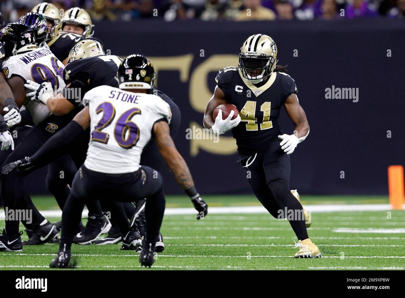New Orleans Saints running back Alvin Kamara (41) runs the ball during an NFL football game ...