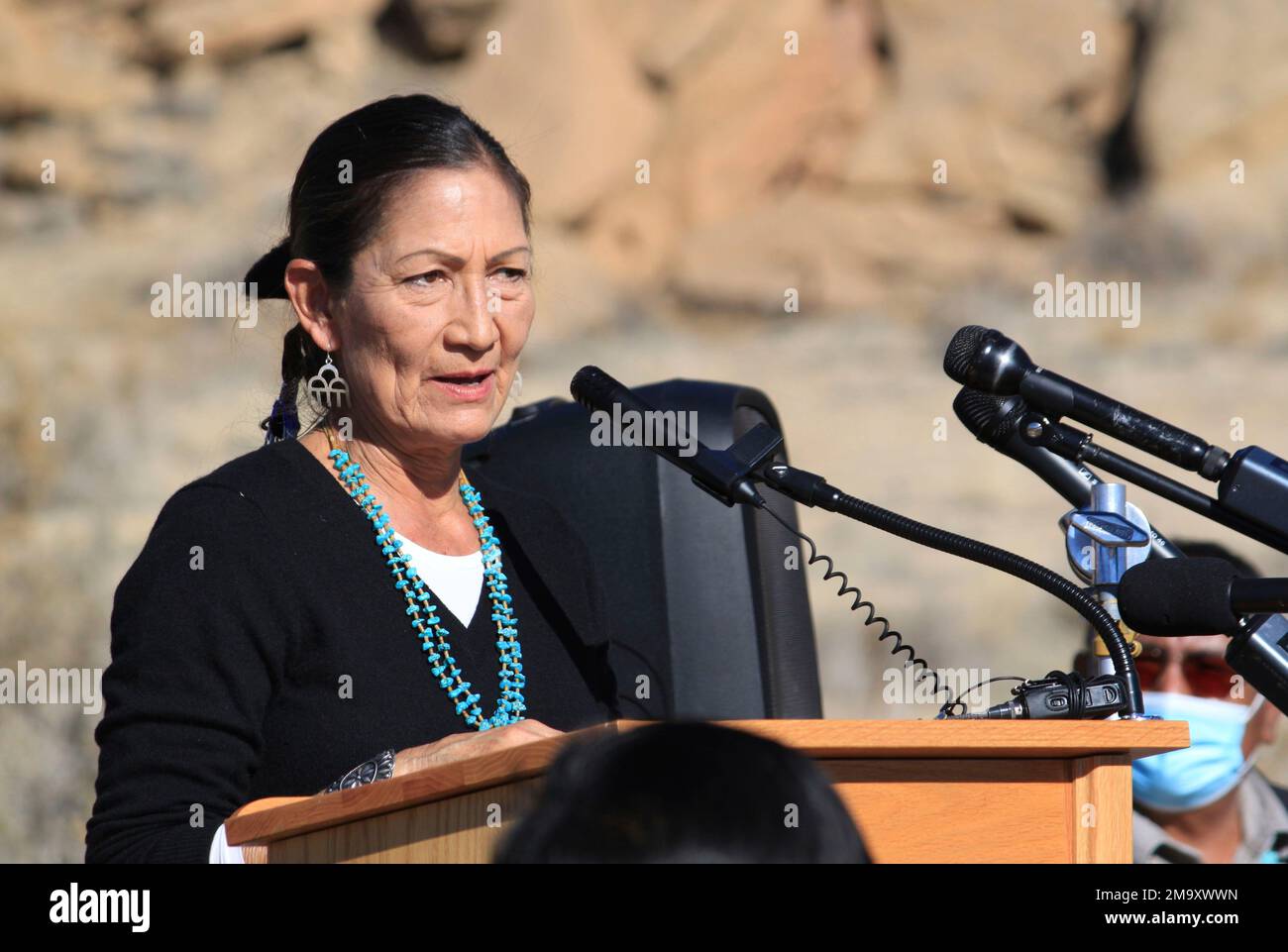 FILE - United States Interior Secretary Deb Haaland addresses a crowd ...